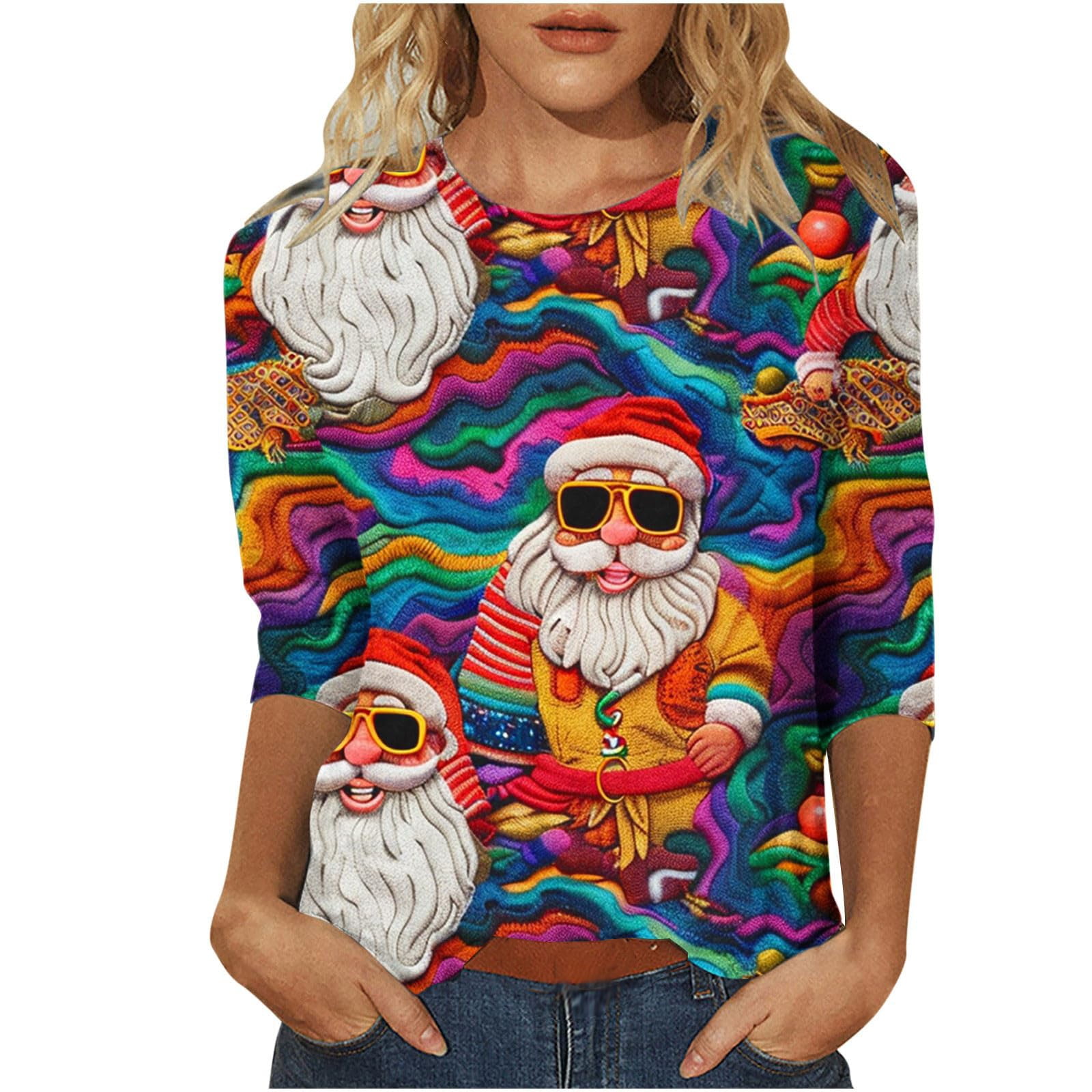 Christmas Day 3/4 Length Sleeve Womens Tops Cozy Custom T Shirts Merry ...