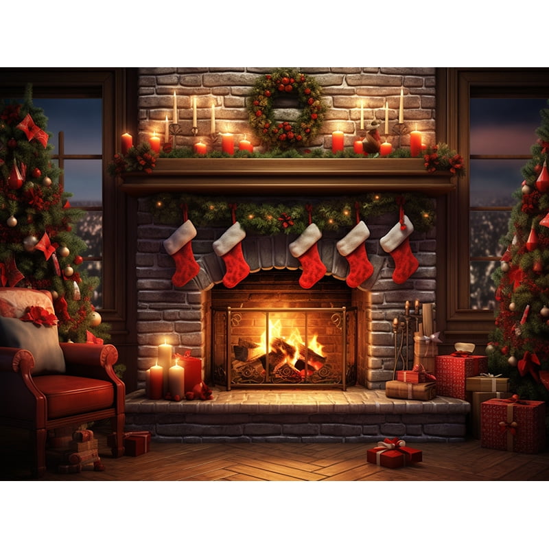 Christmas Day Photography Backdrops Prop Fireplace Window Winter Xmas ...