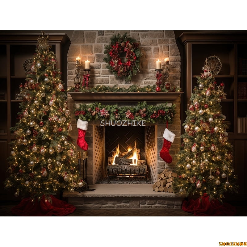 Christmas Day Photography Backdrops Prop Fireplace Window Winter Xmas ...