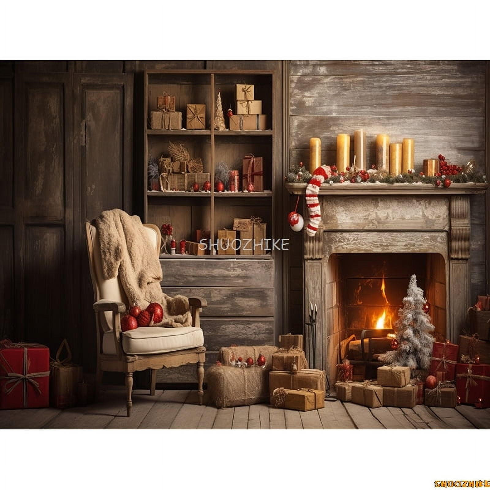 Christmas Day Photography Backdrops Prop Fireplace Window Winter Xmas Tree ration Flower Garland ...