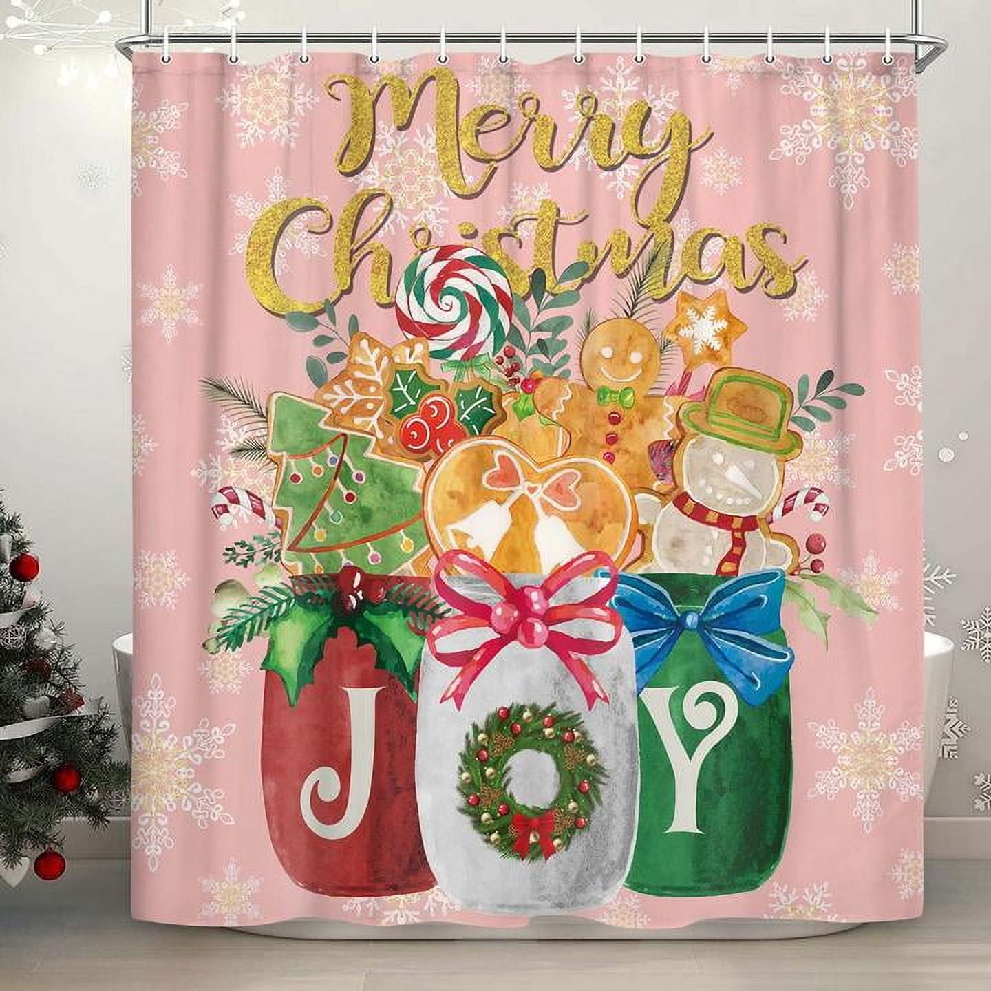Christmas Day Shower Curtain for Bathroom Decor, Merry Christmas Pink ...