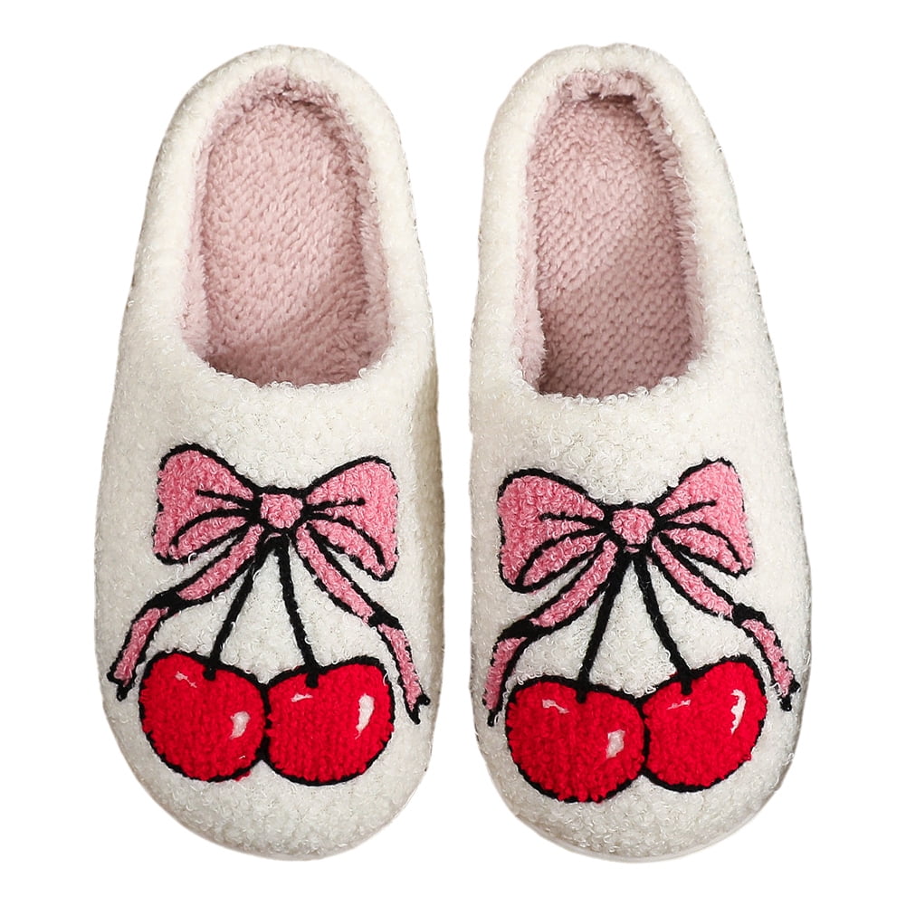Plush Bow Cherry Slippers Kawaii Furry Slippers for Autumn Winter Sport ...