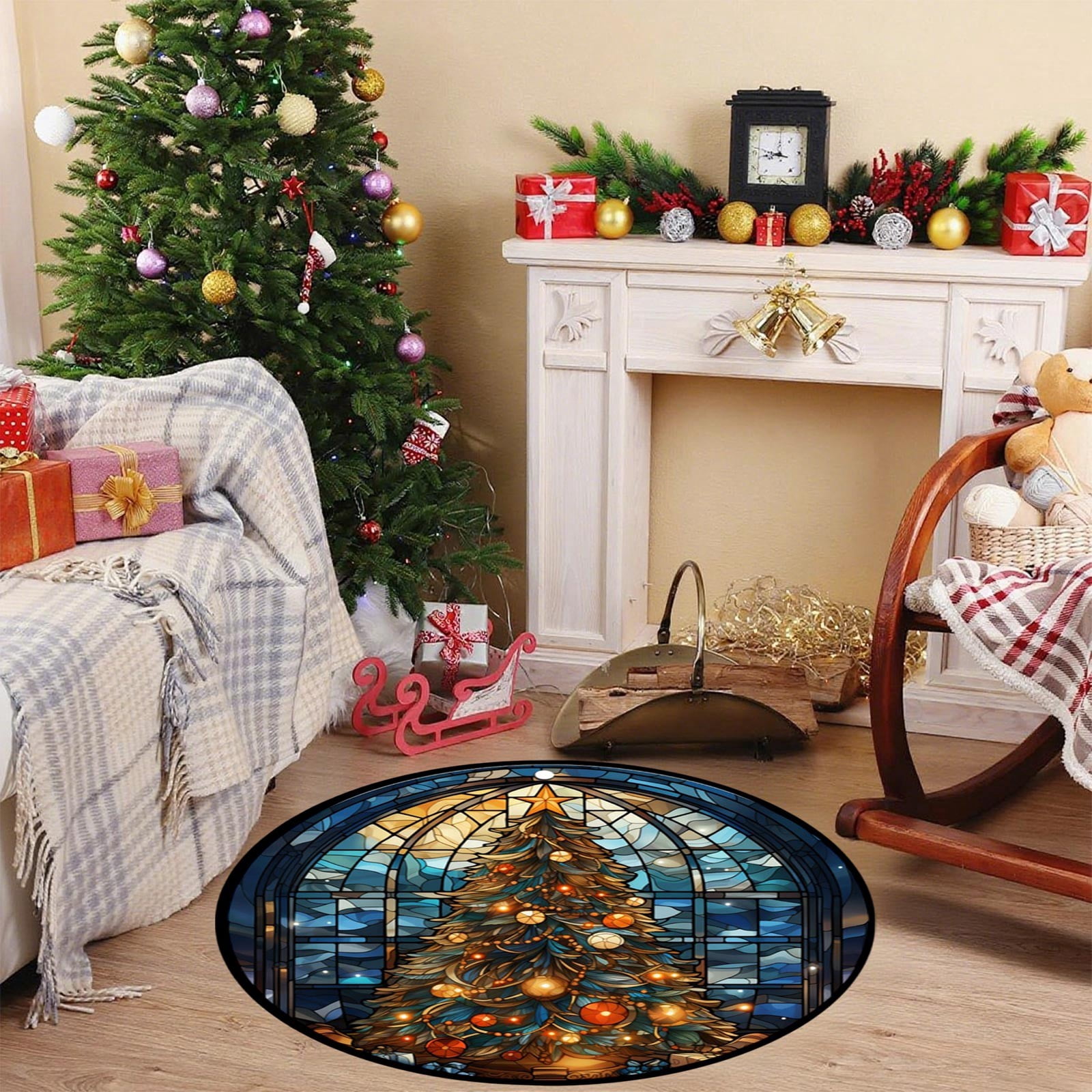 Christmas Decor Indoor Holiday Themed Round Carpet Living Room Rug For ...