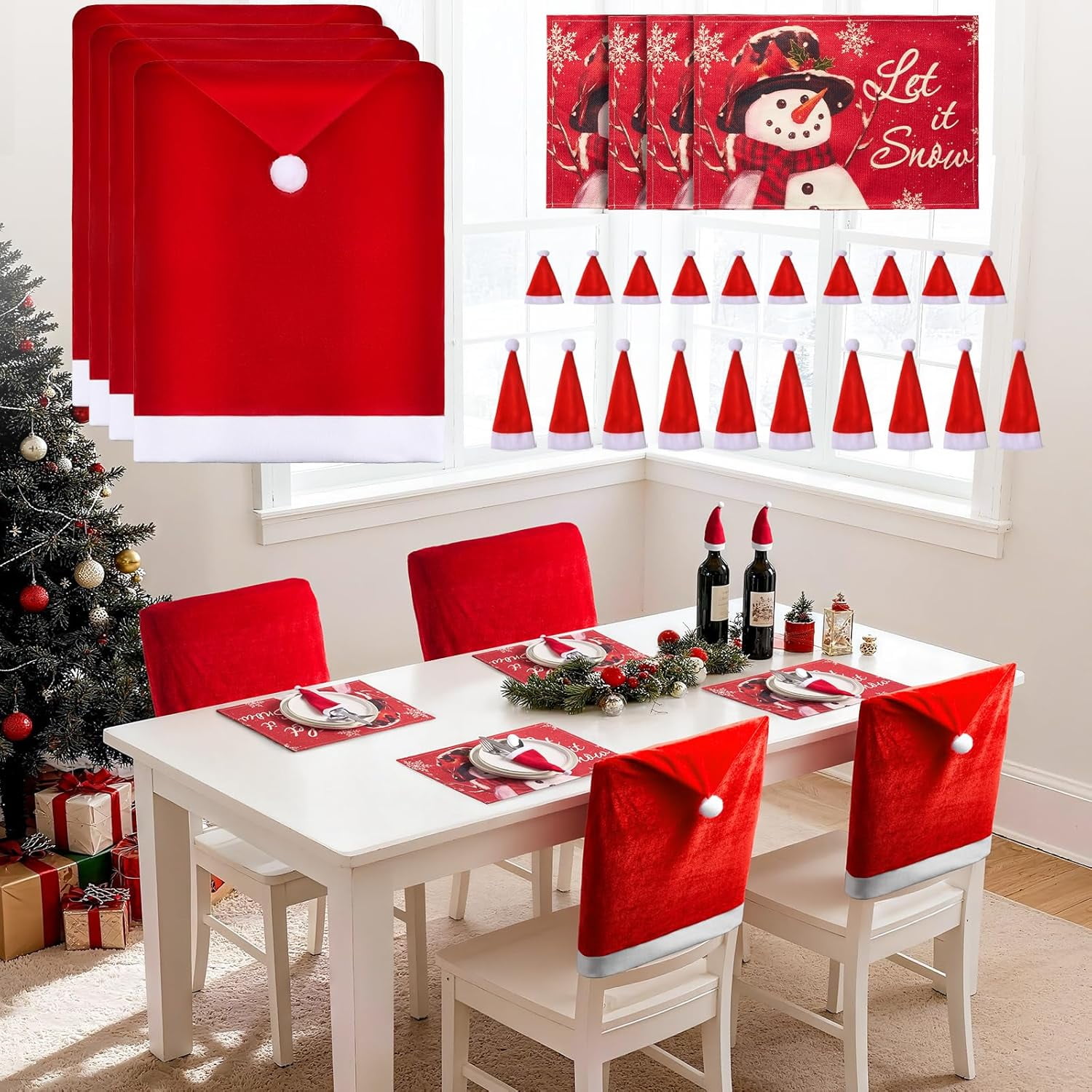 Christmas Decor Set—4PC Red Christmas Chair Slipcovers,20 Mini Santa ...