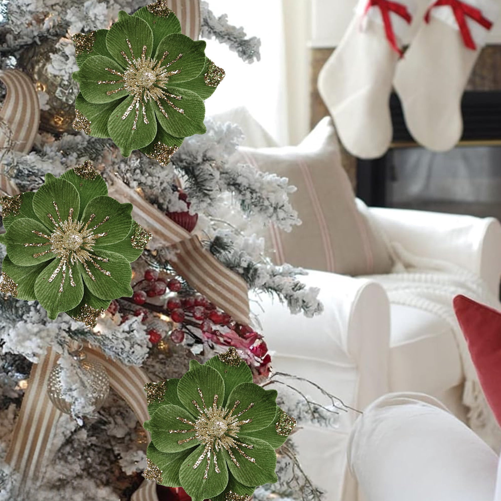 Christmas Decoration Flowers Artificial Glitter Magnolia Blooms ...