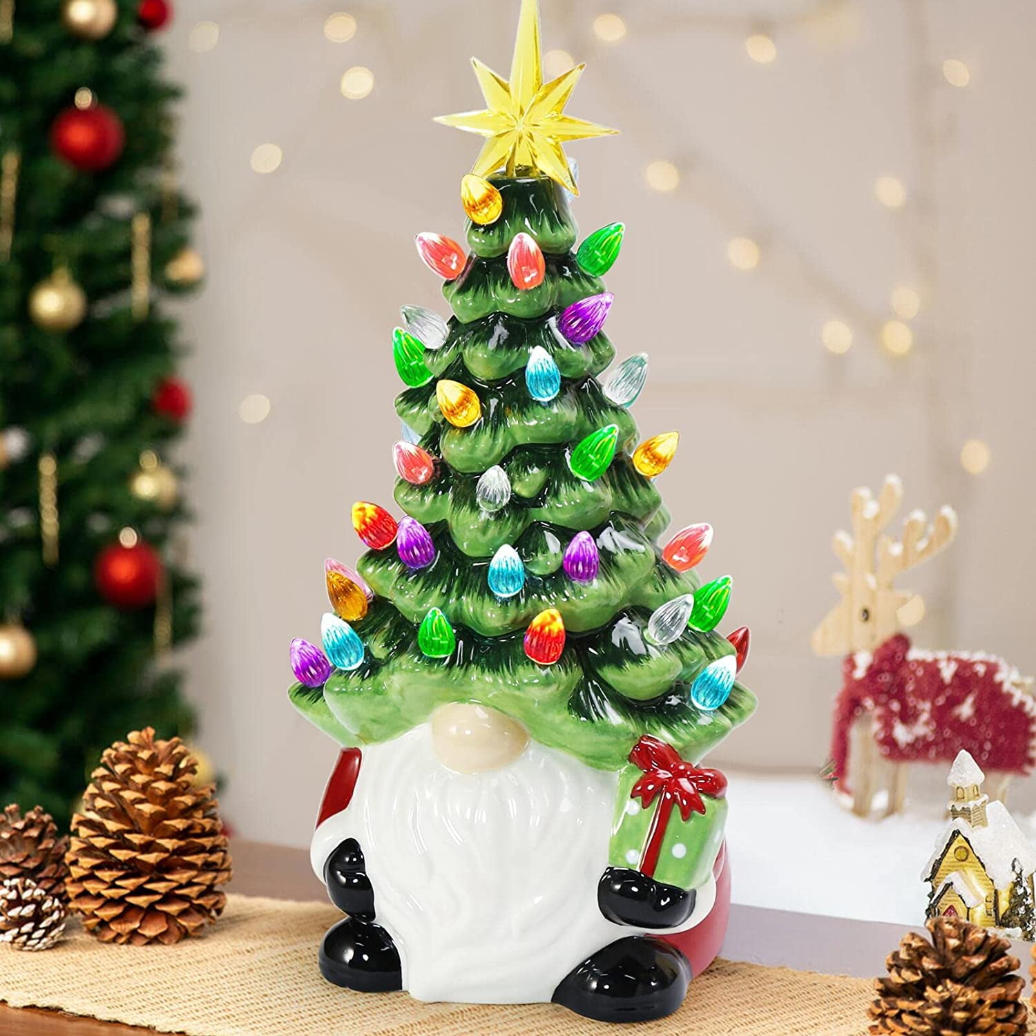Christmas Decorations - 12” Lighted Up Gnomes Ceramic Christmas Tree ...