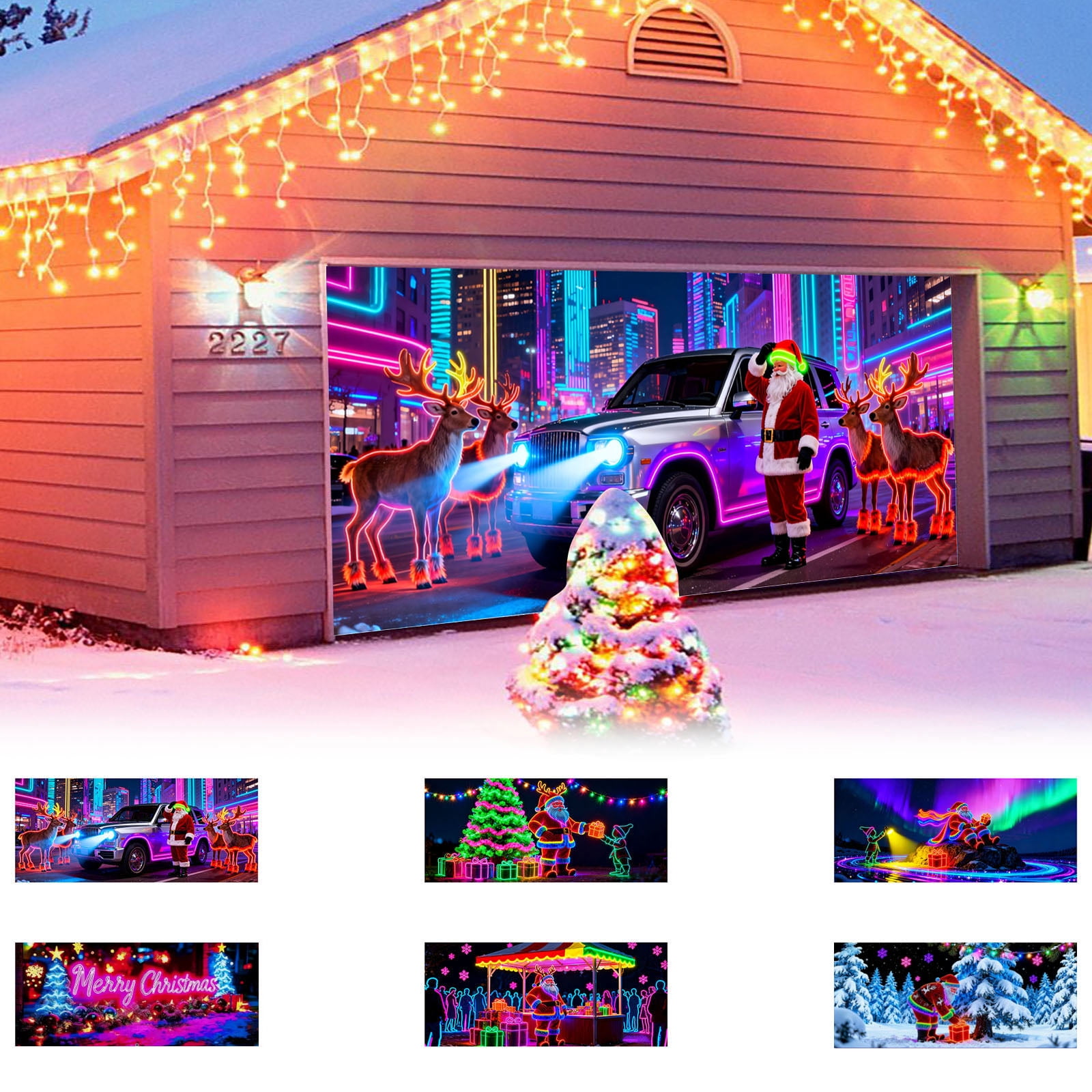 Christmas Decorations,13x6ft UV Activated Santa & Elf Garage Door ...