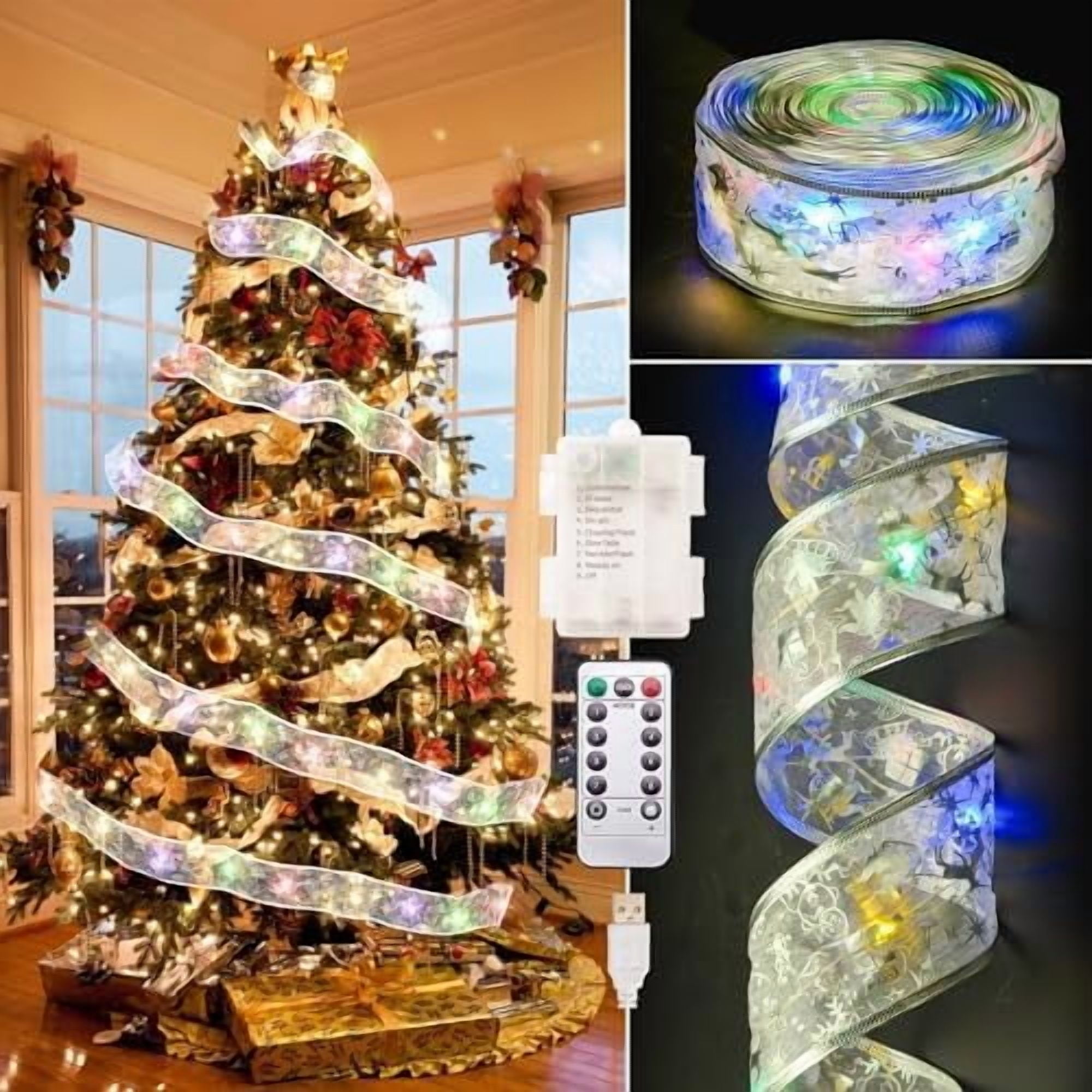 Christmas Decorations, 2.5Inch x 33Ft 100 Led Christmas Tree Ribbon ...