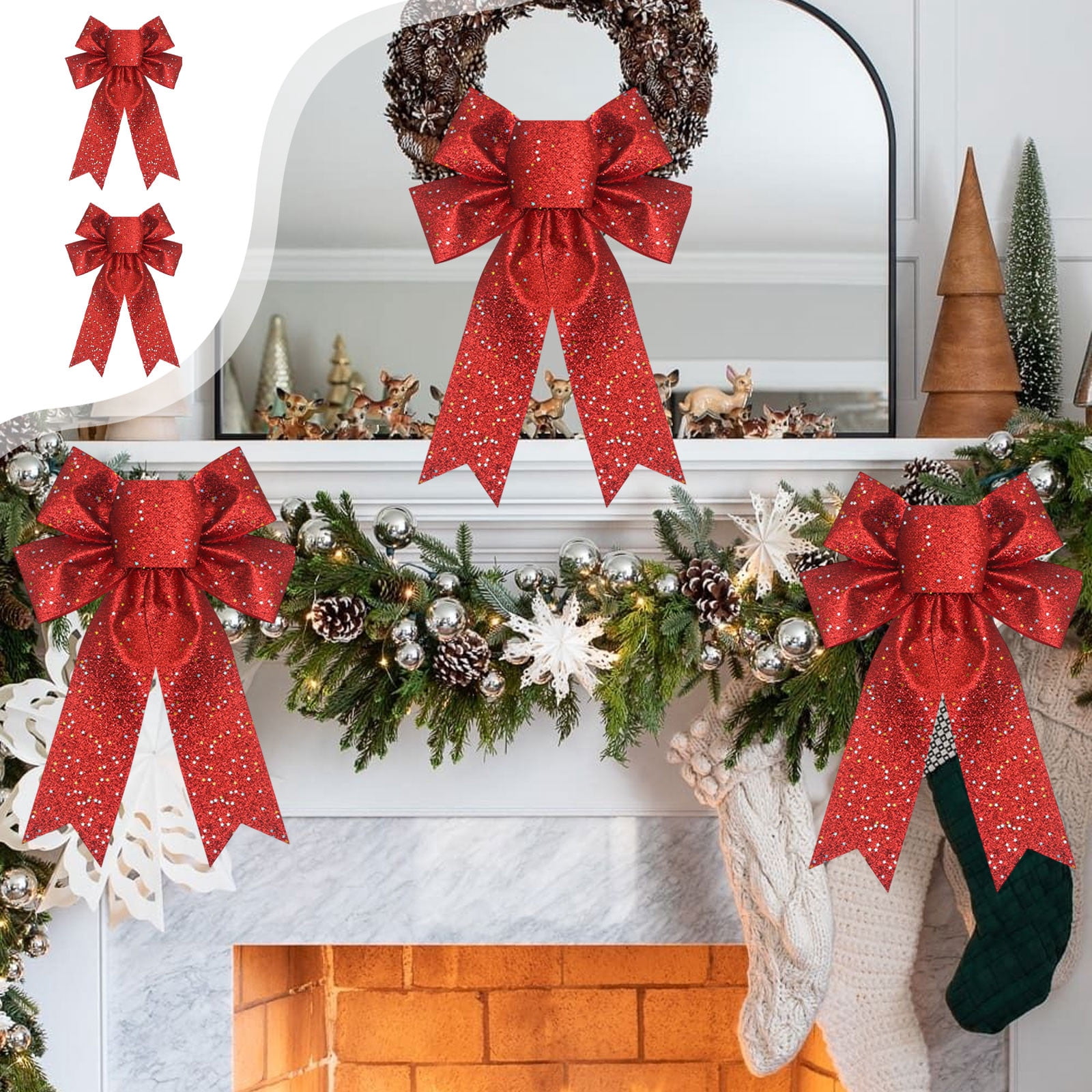 Christmas Decorations, 2PCS Large Red Glitter Bows with Sparkling ...