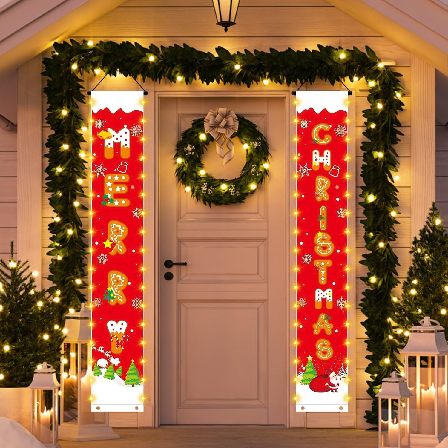 Christmas Decorations Banners with String Lights, Pattern Merry ...