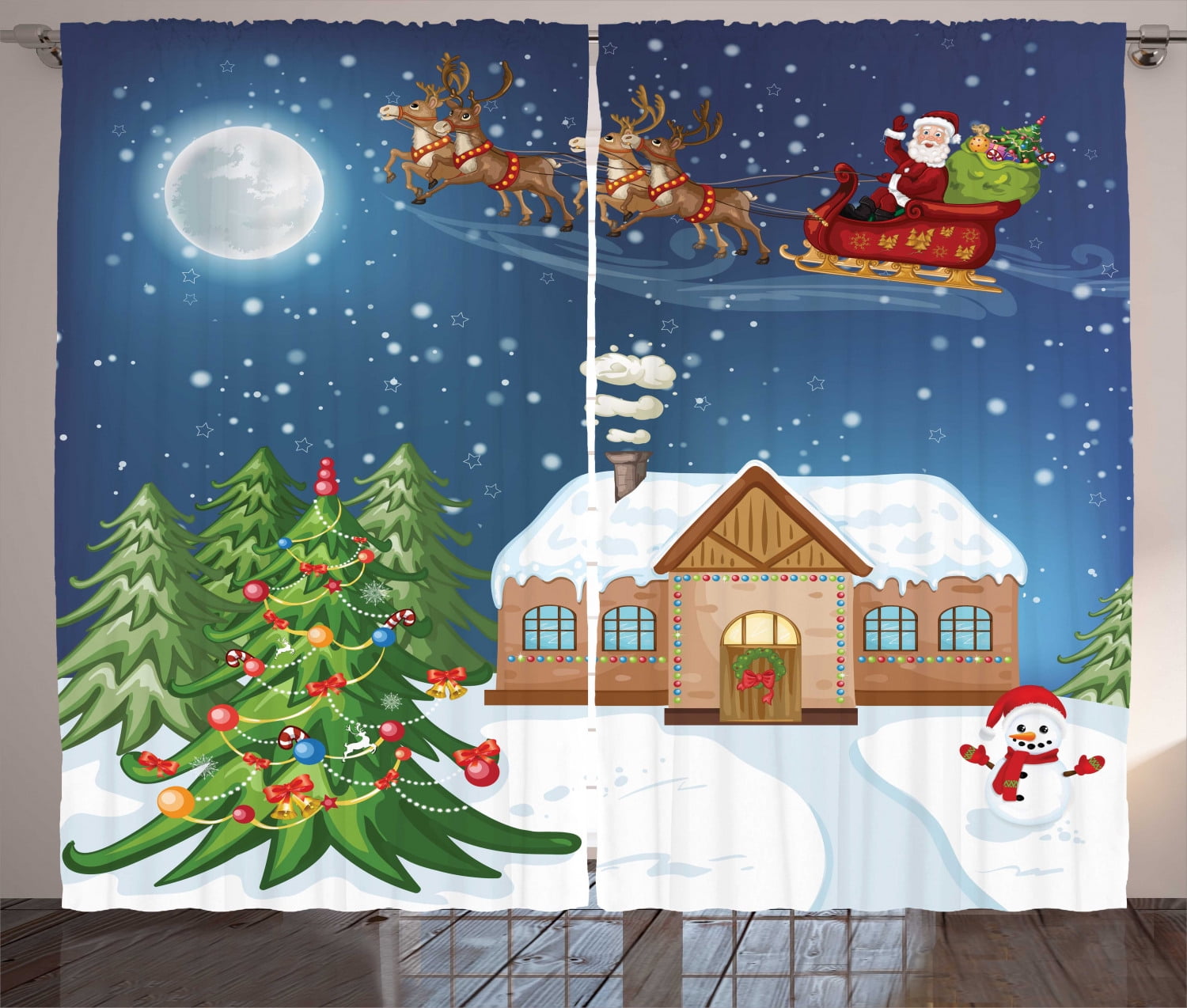 Ambesonne Christmas Curtains 2 Panel Set, Santa with Rudolf, 108" x 84 ...