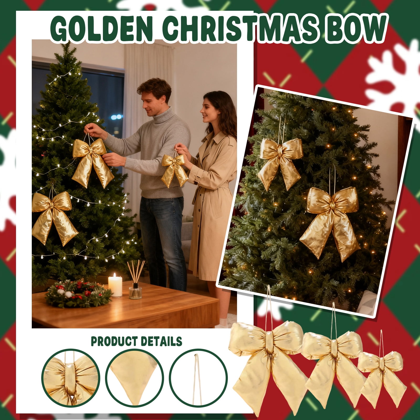 Christmas Decorations - Gold Christmas Bow Decorations, Shiny Christmas ...