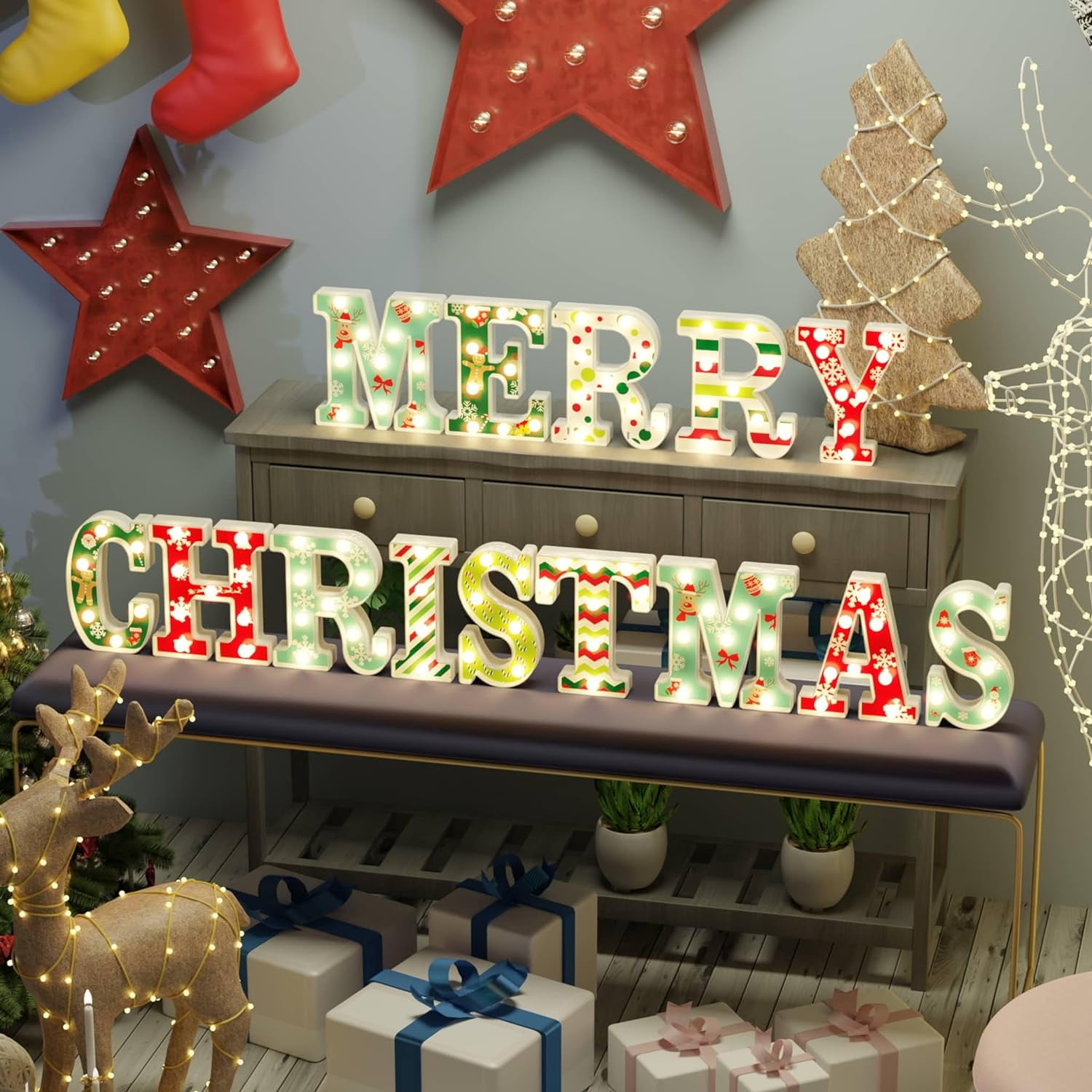 Christmas Decorations Indoor - 14 LED Letters Christmas Lights 'MERRY ...