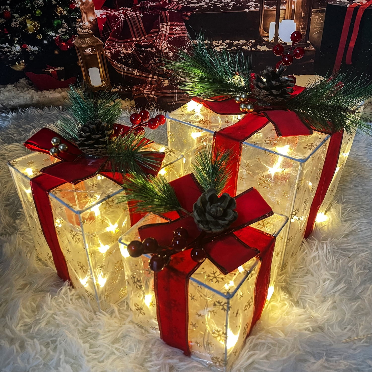 Kwaiffeo Set of 3 Indoor Christmas Lighted Gift Boxes, 60 LED Xmas ...