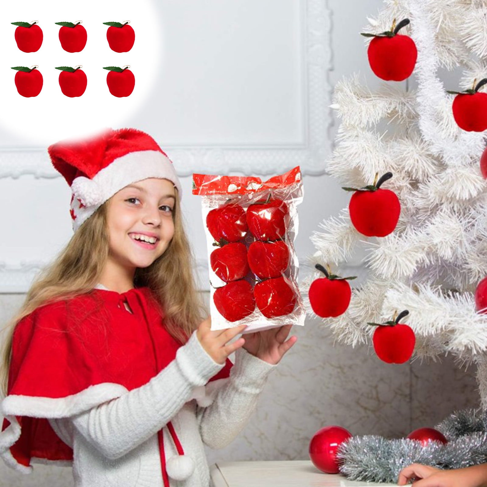 Christmas Decorations Red Flocked Apples Christmas Ornaments,6 Pack ...