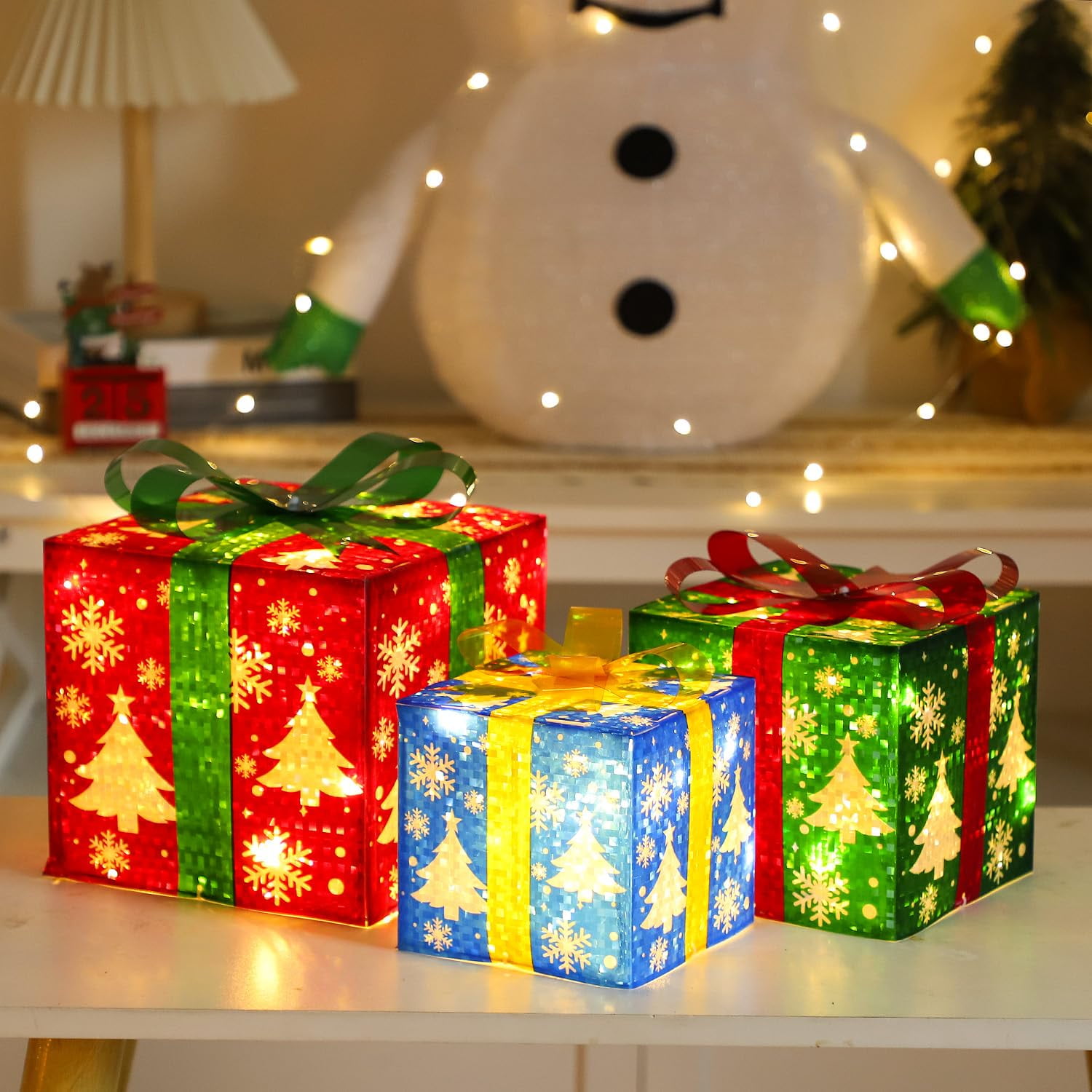 Christmas Decorations Set of 3 Lighted Gift Box 75 LED Light Up ...