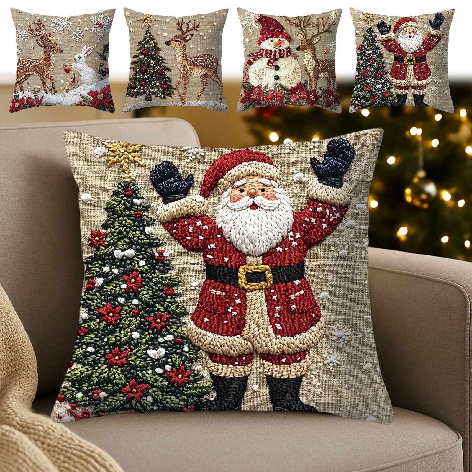 Christmas Decorative Pillow Cover 17.7x17.7 Inches, Soft Linen Fabric ...
