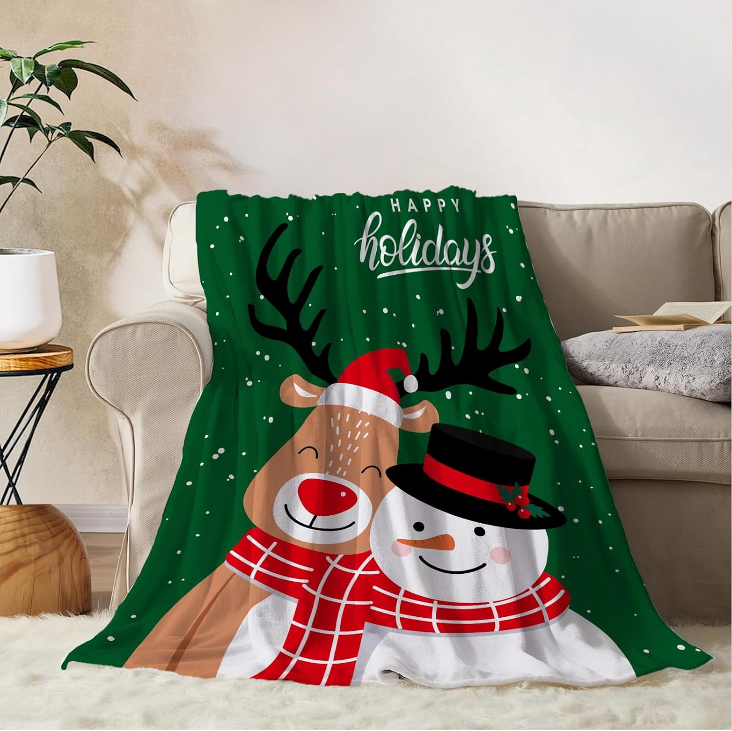 Christmas Decorative Throw Blanket Green Reindeer Snowman ClausThrow ...