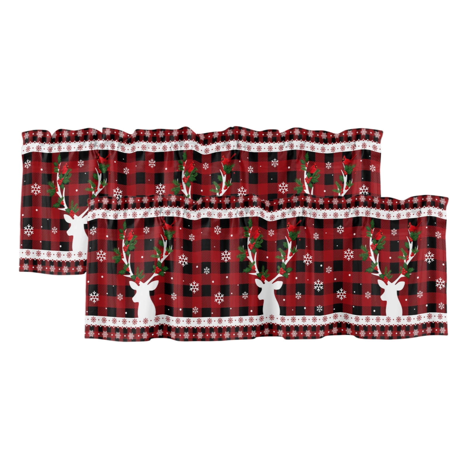 Christmas Deer 2 Panels Kitchen Valance, Snowflake Cardinal Berry Leaf ...