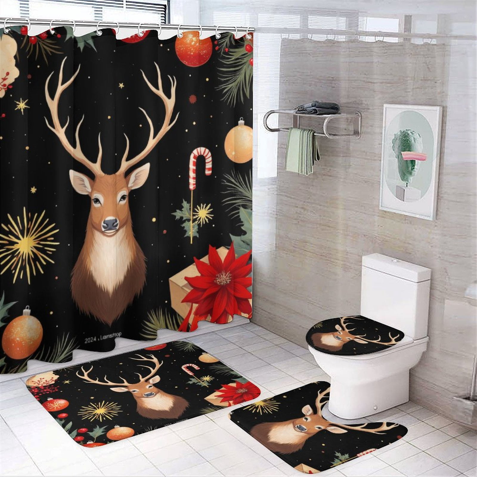 Christmas Deer And Ornaments Pattern Shower Curtain Bathroom Sets ...