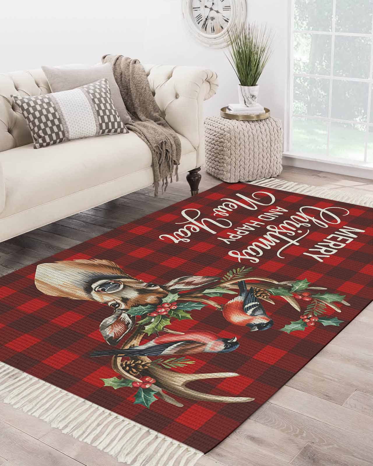 Christmas Deer Area Rug 4x6 Living Room Rug with Tassel Woven Cotton ...