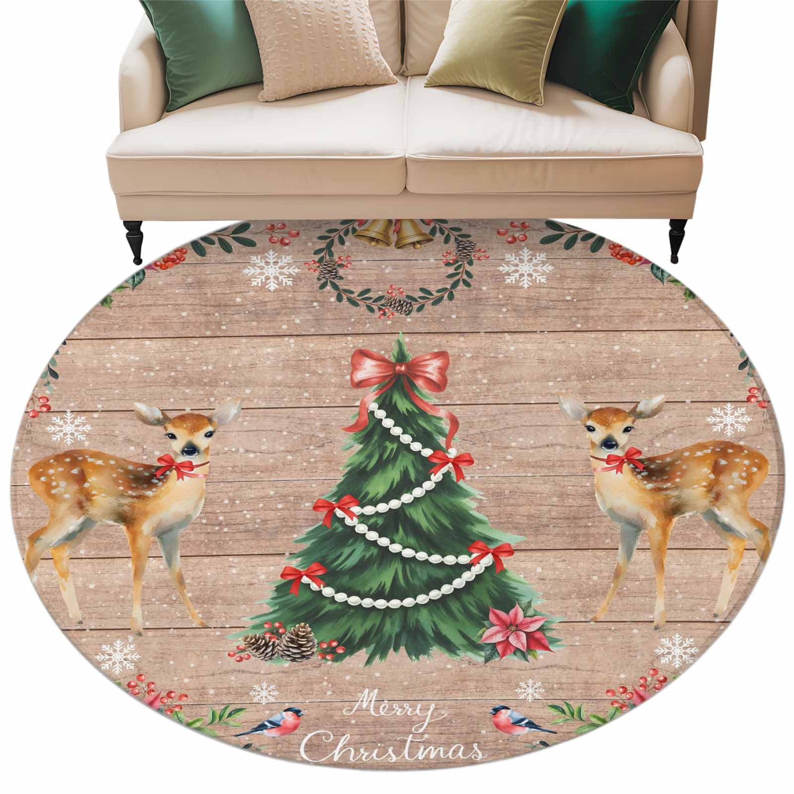 Christmas Deer Area Rug, Tree Flowers Snowflake Winter Wood Texture ...