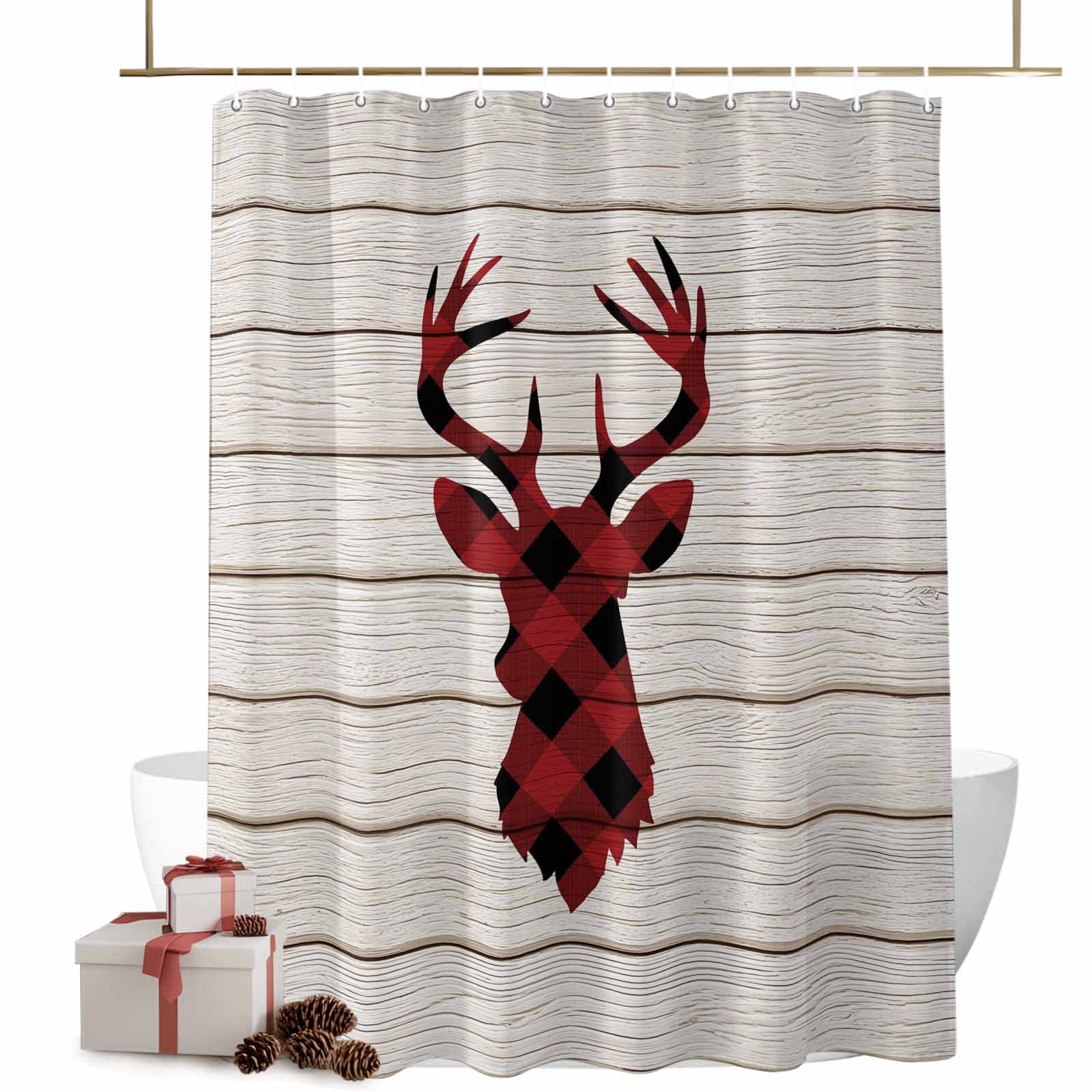 Christmas Deer Bathroom Shower Curtain Farmhouse Buffalo Plaid Deer ...