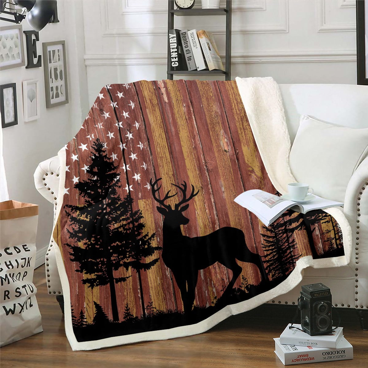 Christmas Deer Blanket Vintage Lodge Cabin American Flag Throw Blanket ...