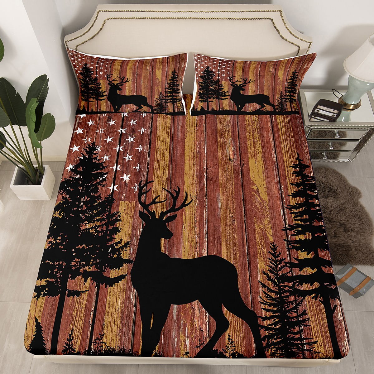 Christmas Deer Fitted Sheet Vintage Lodge Cabin USA National Flag Bed Sheets Queen,Woodland ...