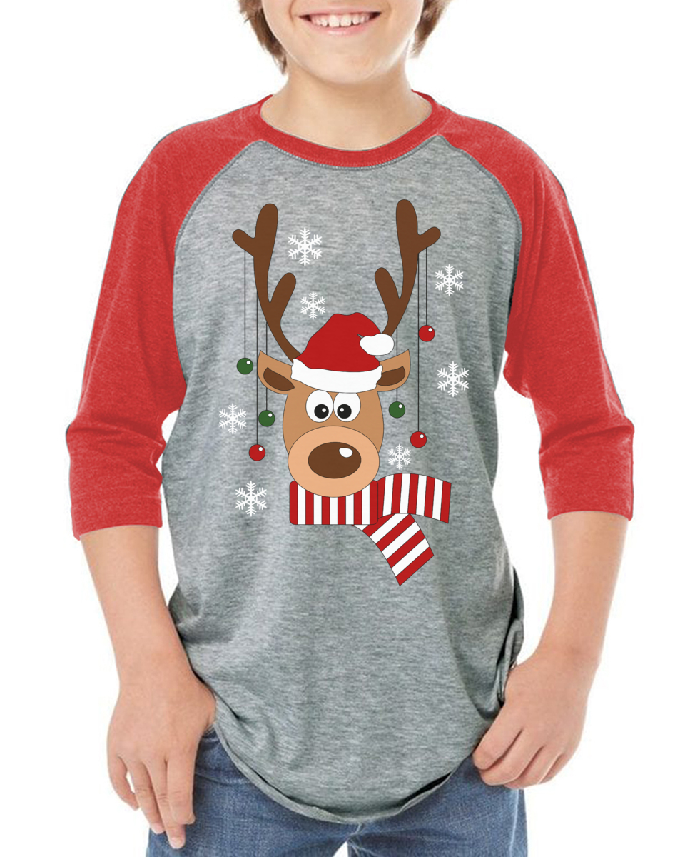 Christmas Deer Graphic Youth Raglan - Merry Xmas Tshirt for Kids - Xmas ...