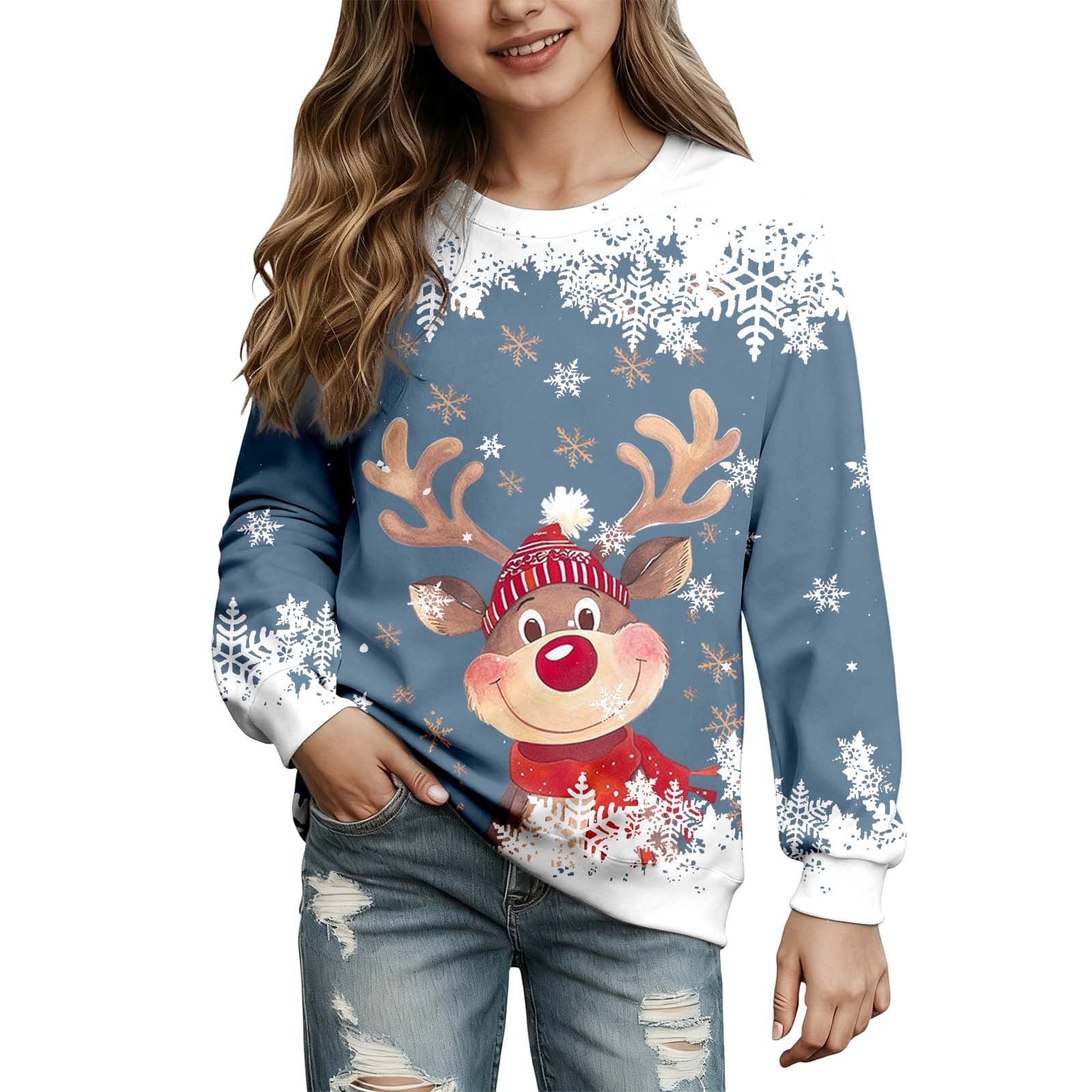 Christmas Deer Head Crew Neck Long Sleeve Girls' Sweatshirt, Festive ...