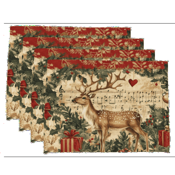Christmas Deer & Holly Print Placemat Set (4 Pack), 12 in. x 16 in ...