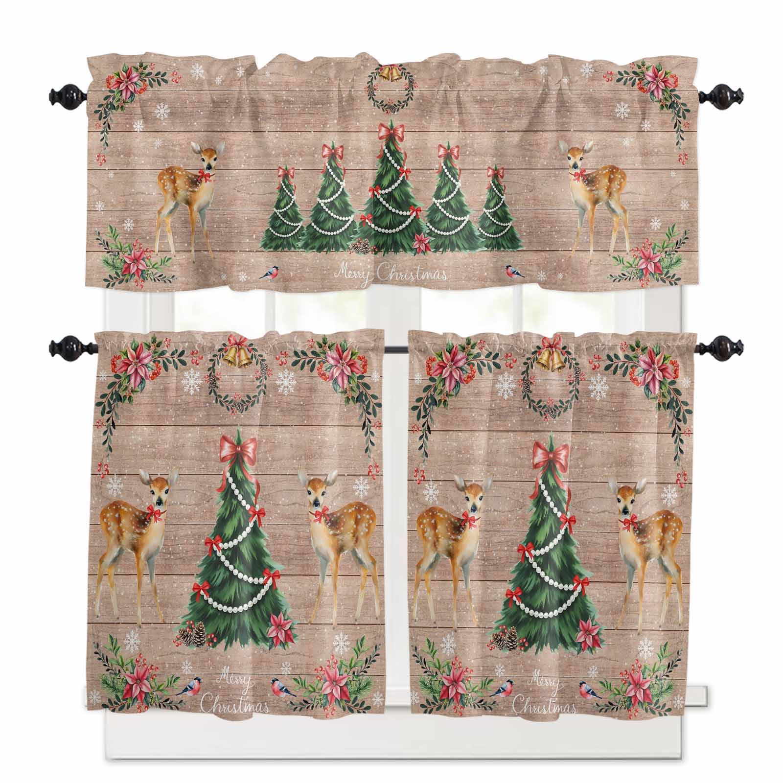Christmas Deer Kitchen Curtains and Valances Set, Tree Flowers ...