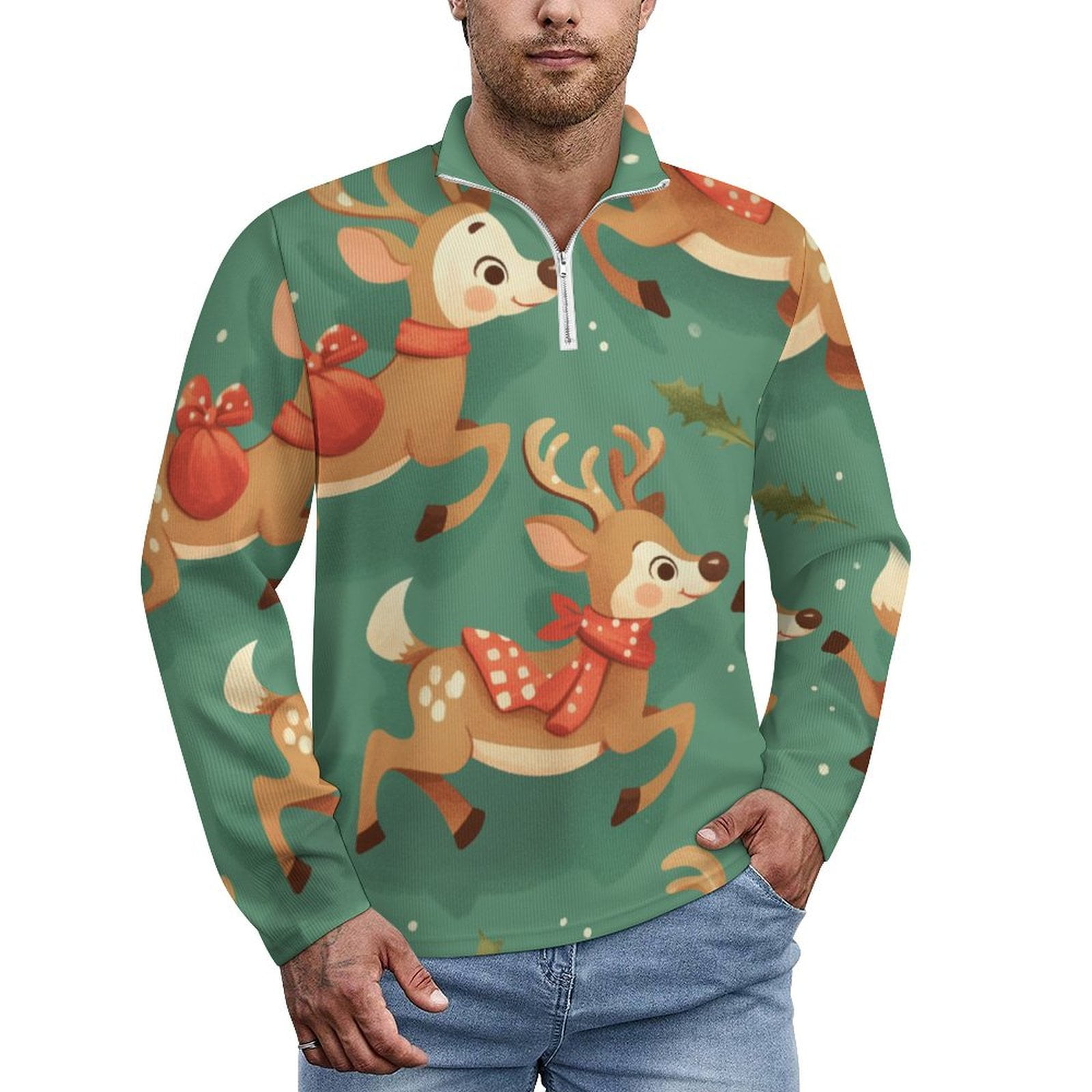 Christmas Deer Men's Sweater Sports POLO Shirt Zip Pullover Mens ...