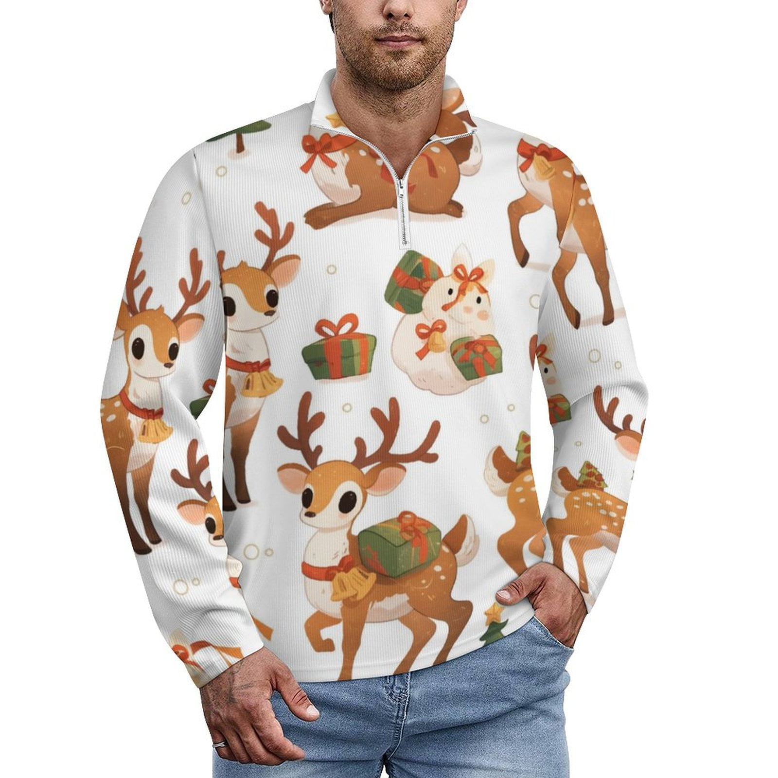 Christmas Deer Men's Sweater Sports POLO Shirt Zip Pullover Mens ...