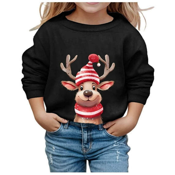 Christmas Deer Print Girls' Round Neck Long Sleeve Sweatshirt for ...