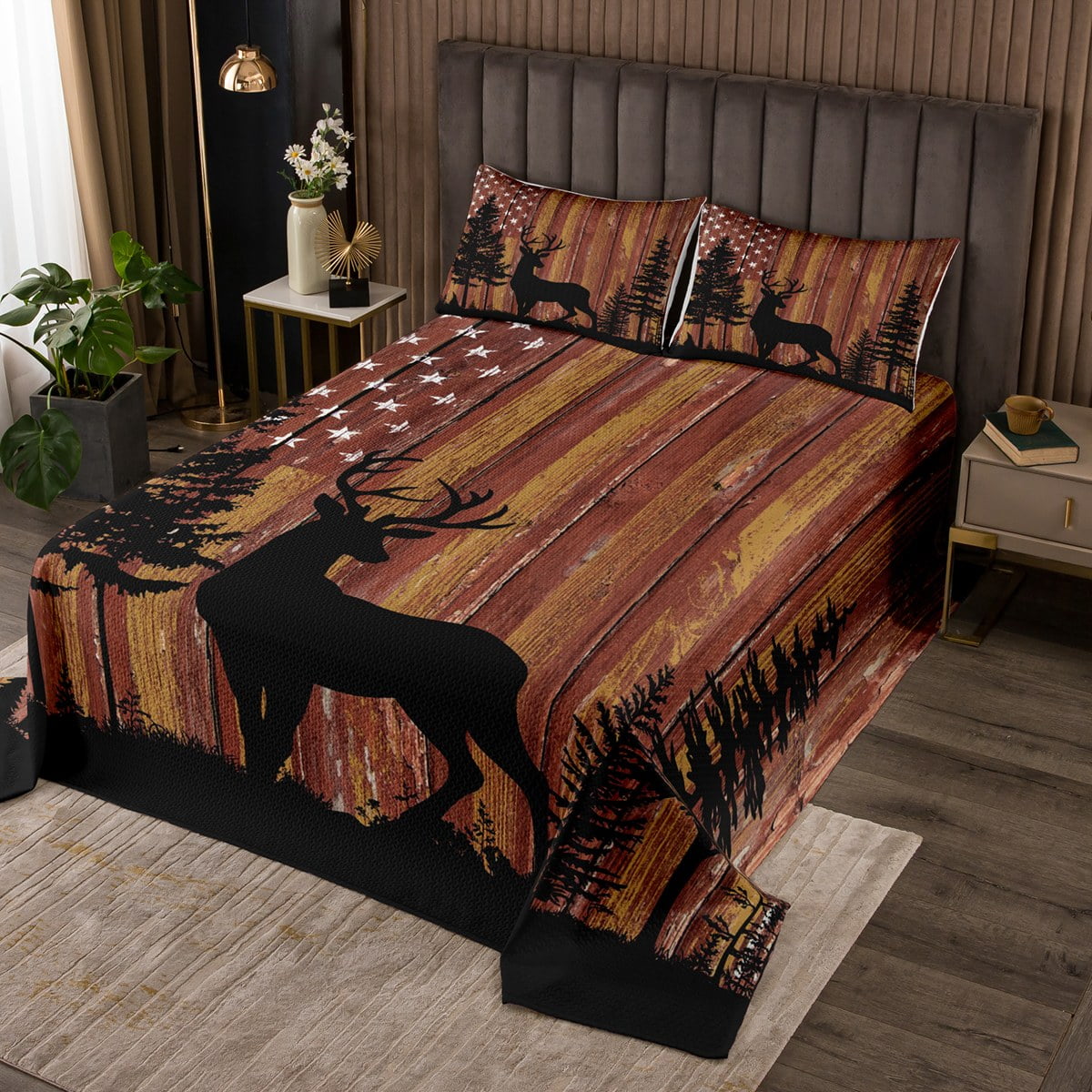 Christmas Deer Quilt Set Vintage Lodge Cabin USA National Flag ...