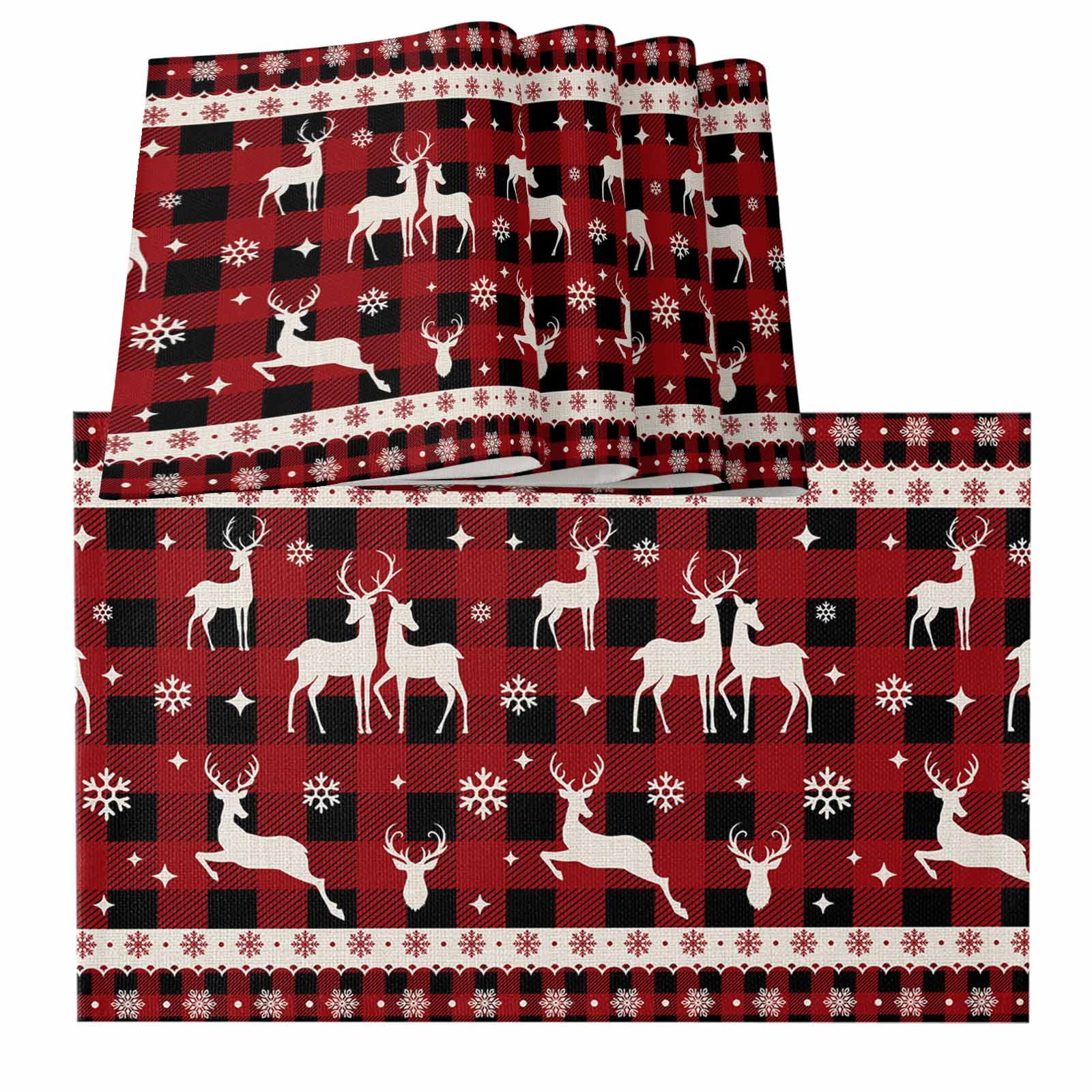 Christmas Deer, Reindeer Winter Xmas Snowflake Plaid Red Burlap Kitchen ...