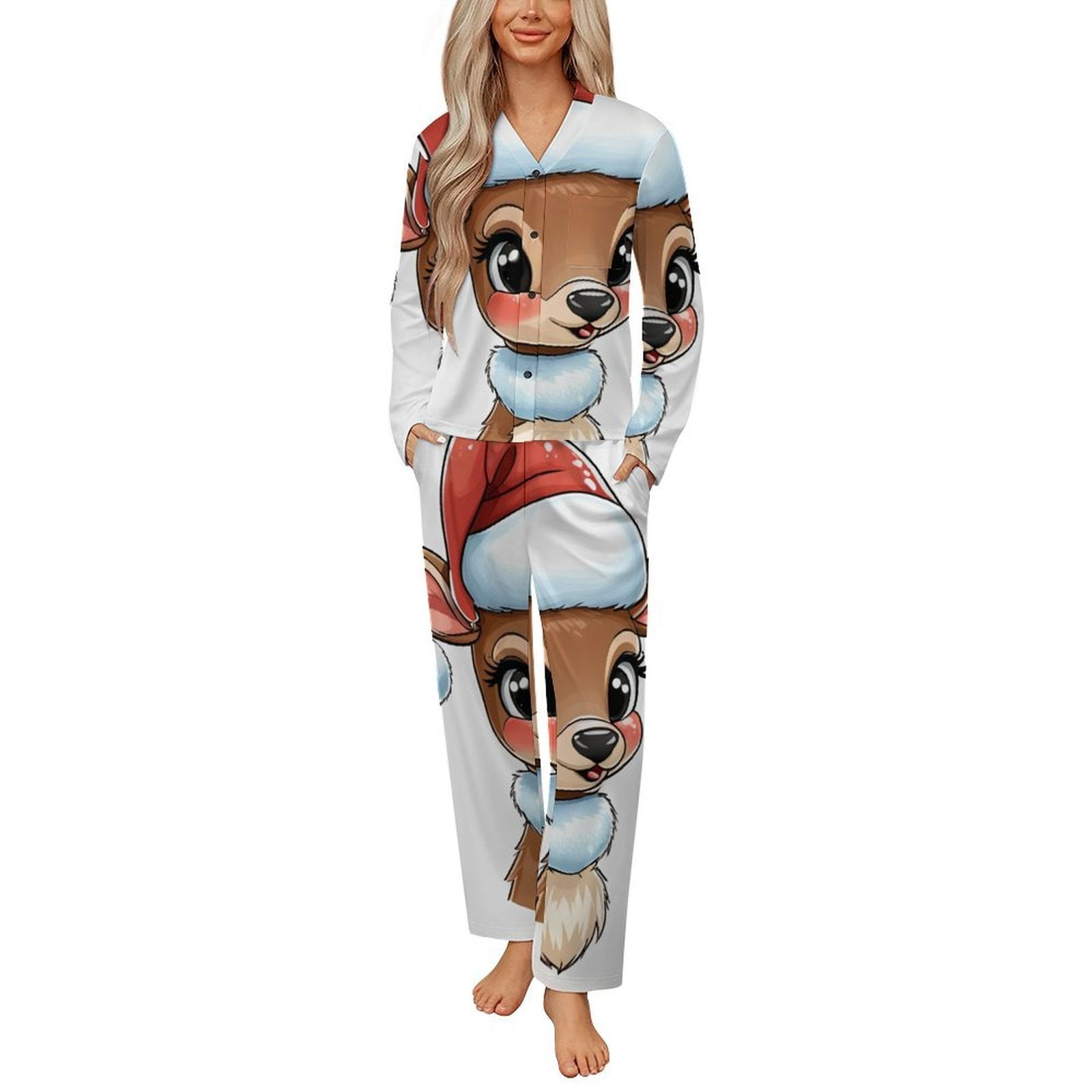 Christmas Deer Santa Hat Womens Pyjamas Set Button Up Pyjamas Womens ...