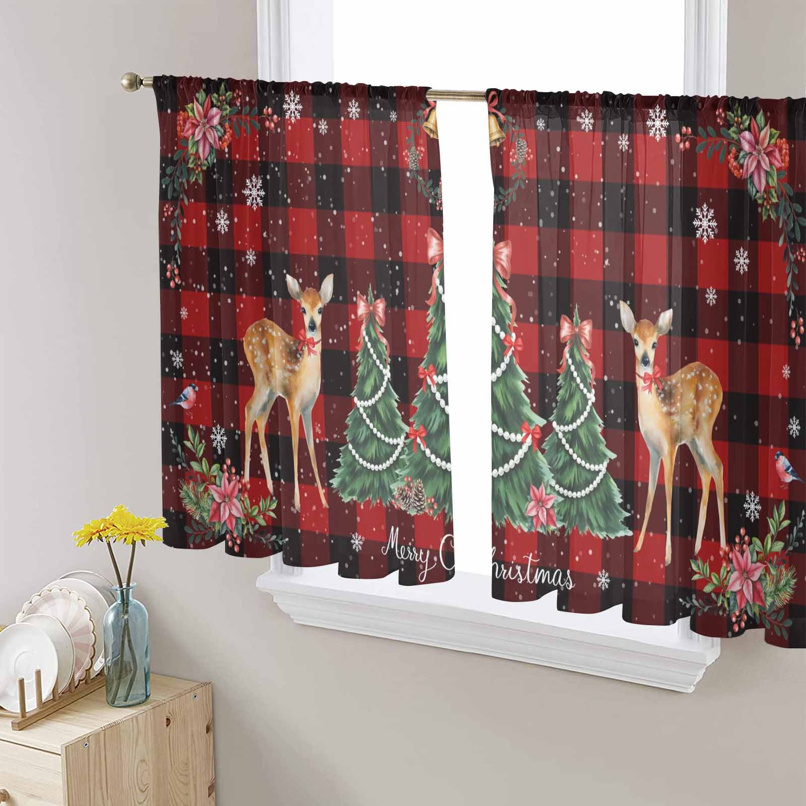 Christmas Deer Sheer Curtains 45 Inches Long, Winter Xmas Snowflakes ...