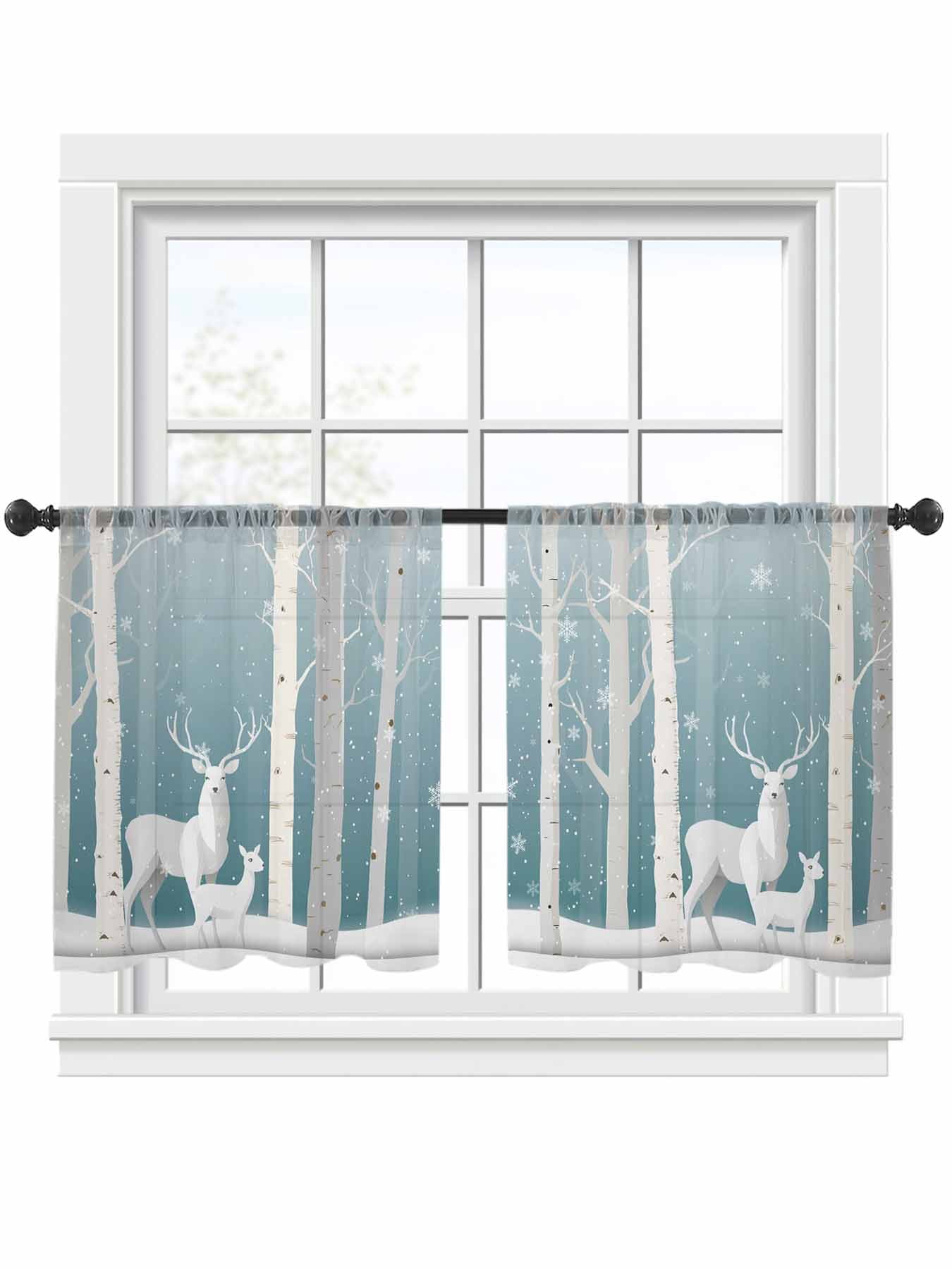 Christmas Deer Sheer Curtains 54 inches Long, Winter Aqua Ombre Snowing ...