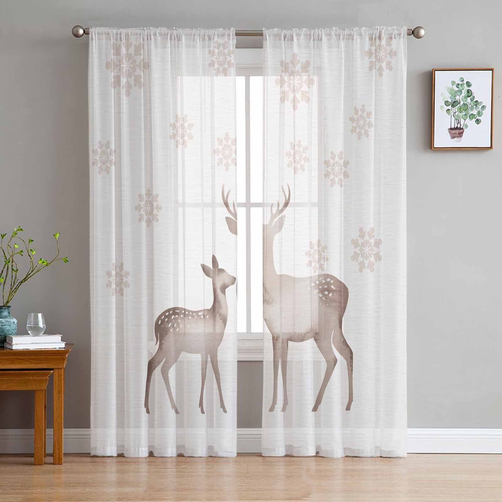Christmas Deer Sheer Curtains 63 Inches Long, Watercolor Winter Xmas ...