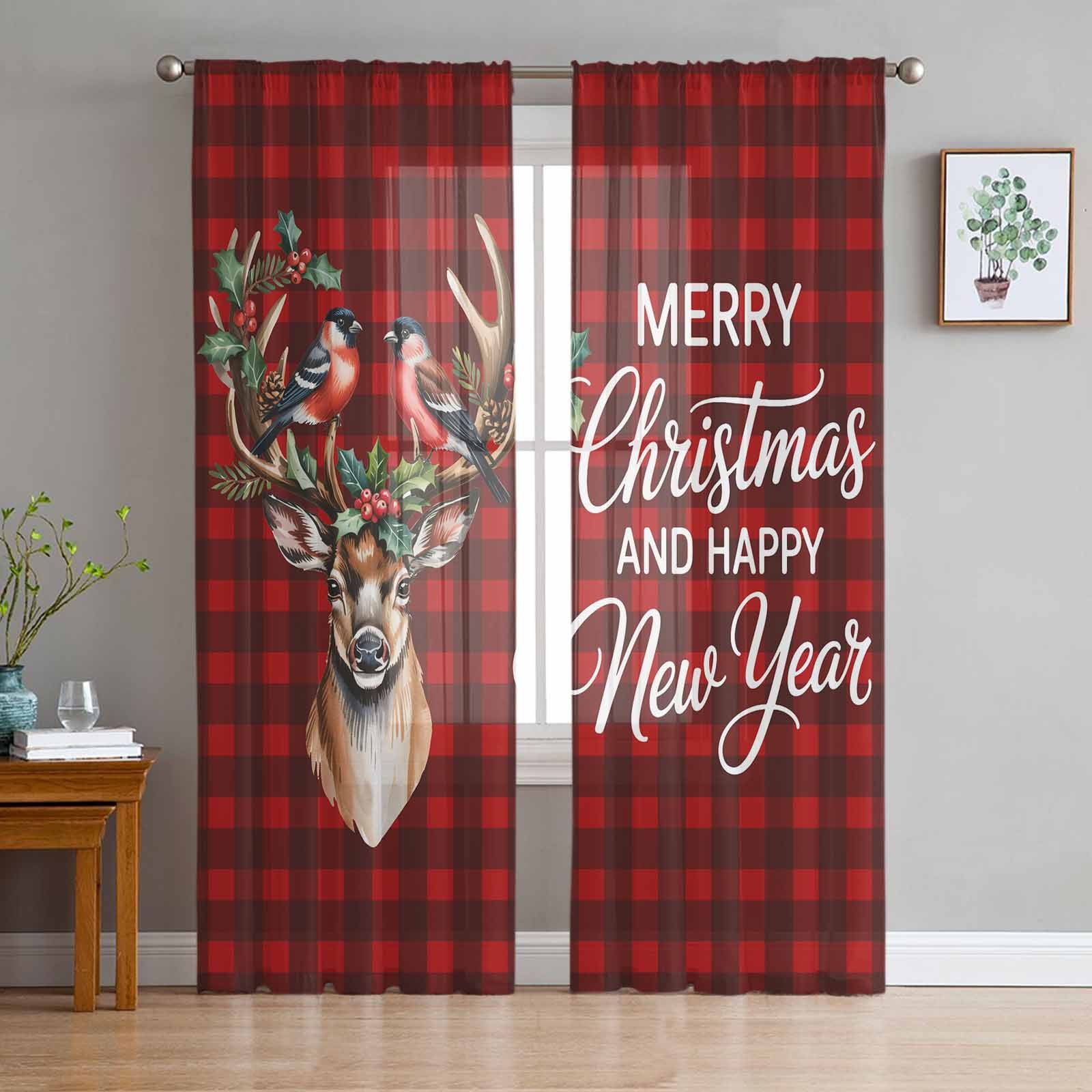 Christmas Deer Sheer Curtains 72 Inches Long, Red Black Buffalo Plaid ...