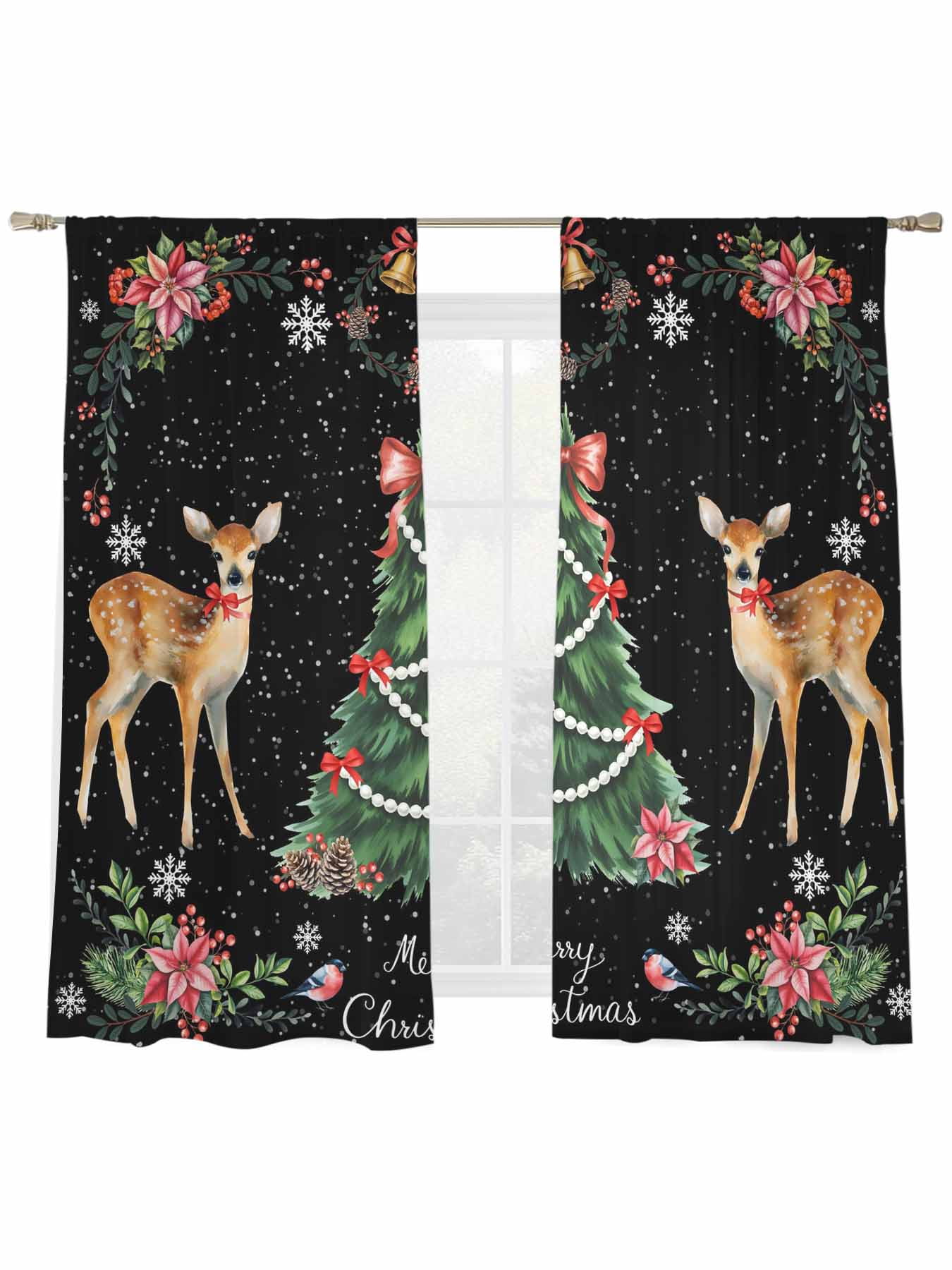 Christmas Deer Sheer Curtains 72 inches Long, Tree Flowers Snowflake ...