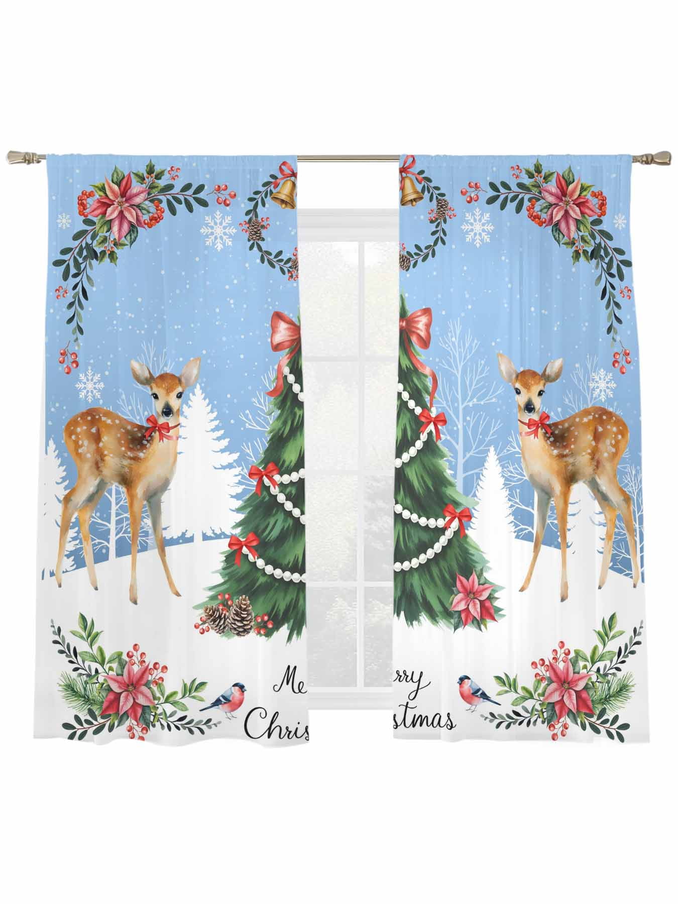 Christmas Deer Sheer Curtains 72 inches Long, Tree Flowers Snowflake ...