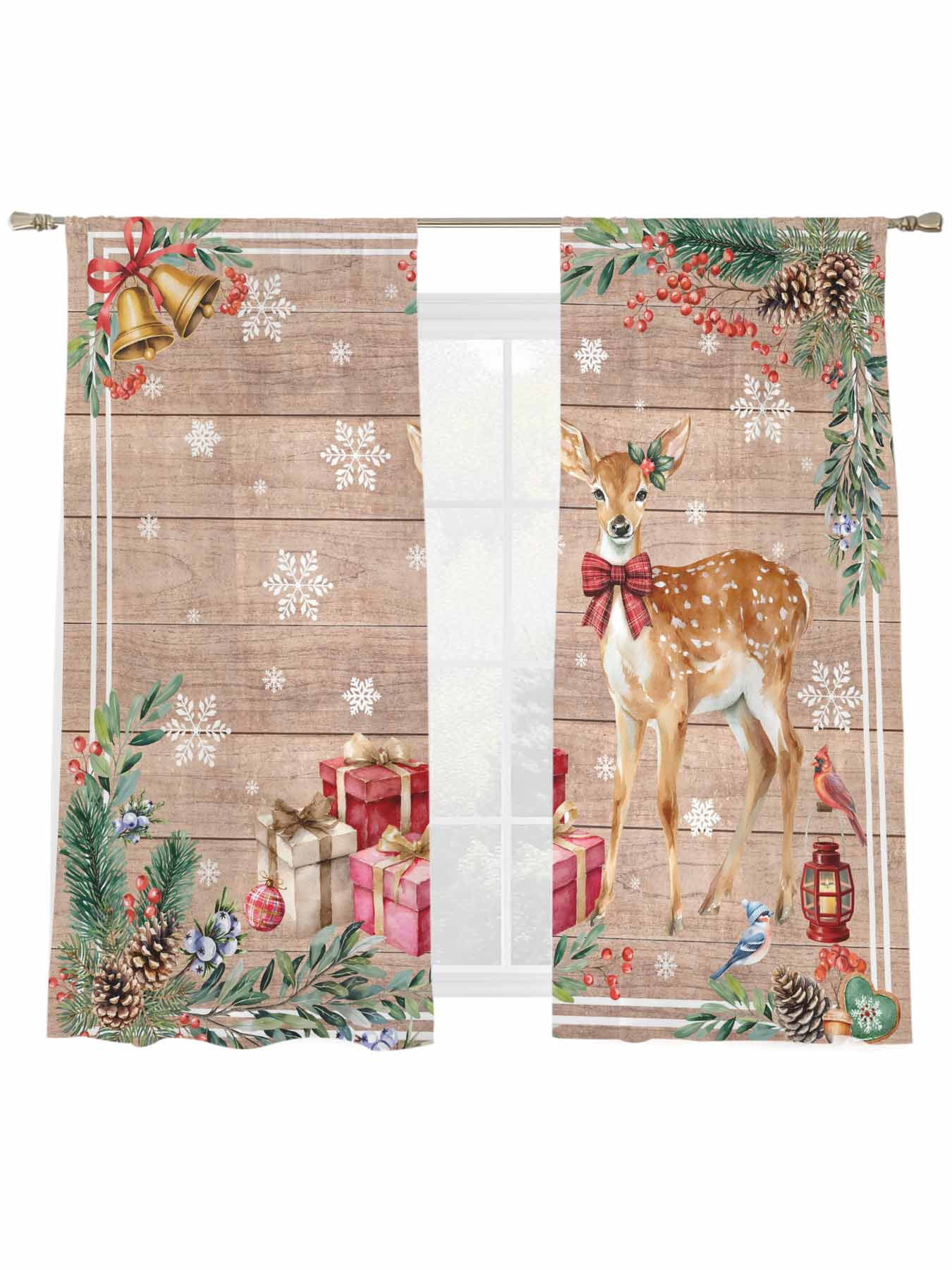 Christmas Deer Sheer Curtains 72 inches Long, Xmas Gift Bells Pine Cone ...