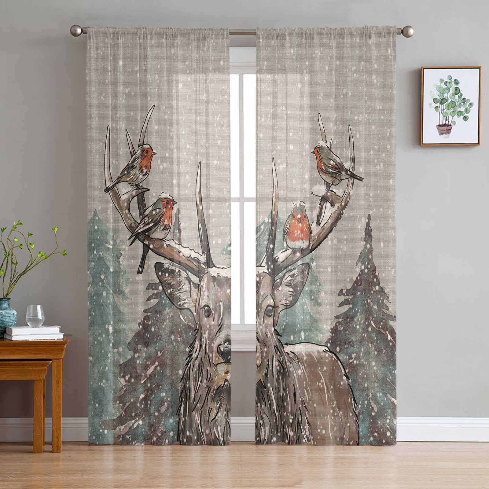 Christmas Deer Sheer Curtains 84 Inches Long 2 Panels Set, Window Sheer ...