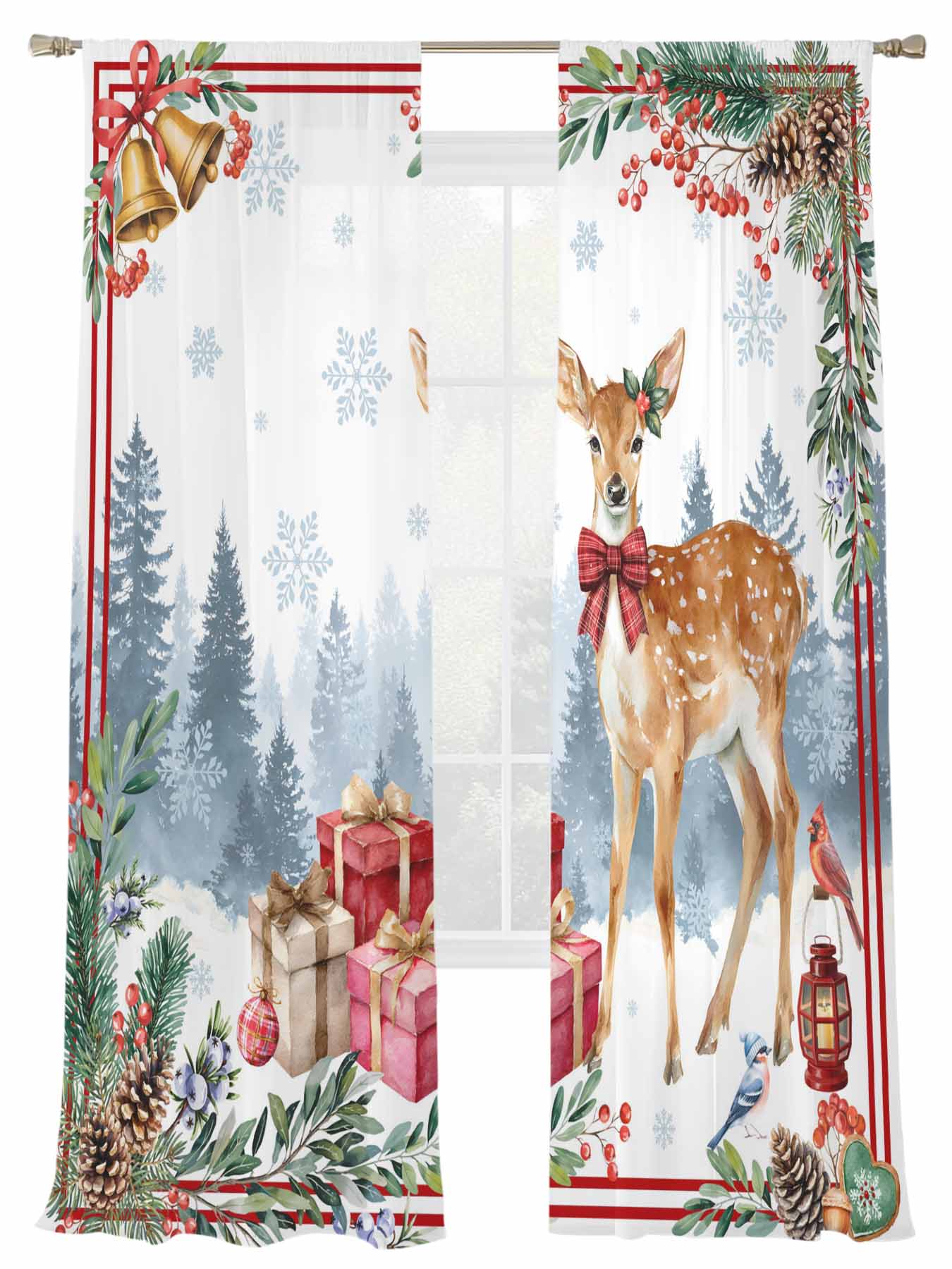 Christmas Deer Sheer Curtains 84 inches Long, Xmas Gift Bells Pine Cone ...