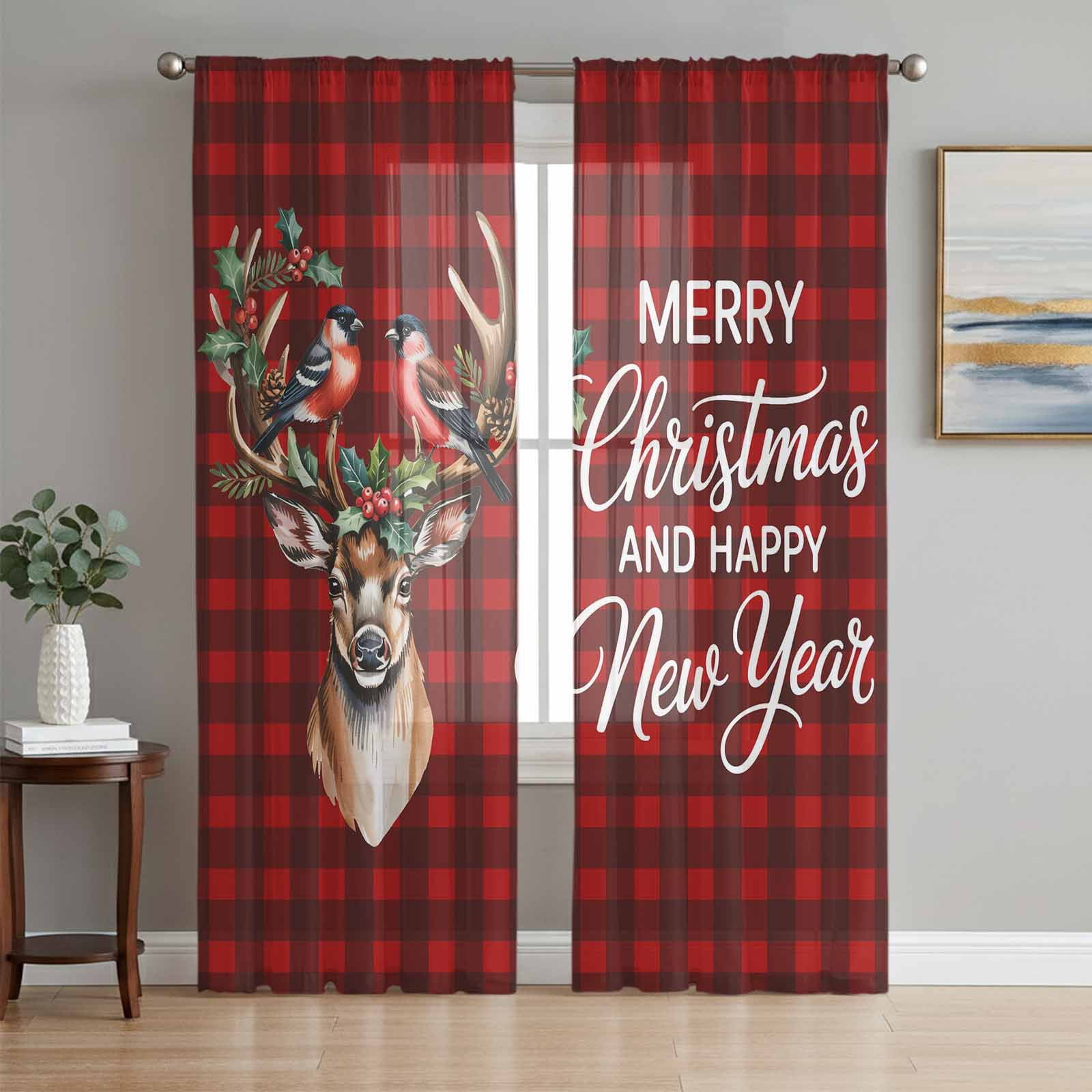 Christmas Deer Sheer Curtains 96 Inch Length 2 Panels Set, Red Black ...