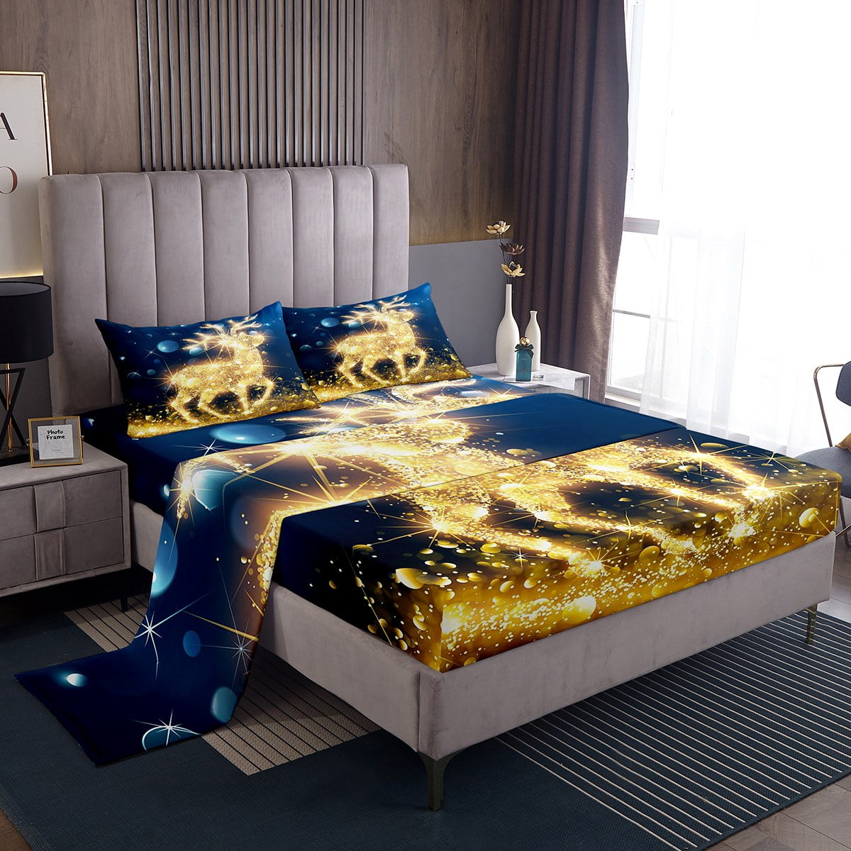 Christmas Deer Sheet Set , Merry Xmas Sheets Full Size, Gold Glitter ...
